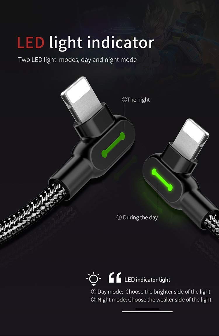 (2 Pack + iPhone Bag) USB 90 Degree Right Angle Design Gaming iPhone LED Nylon Braided Sync Charge New USB Reversible Data 6FT/1.8M Cable Compatible iPhone/iPad Pro/Air,iPad Mini,iPod (6FT Black)