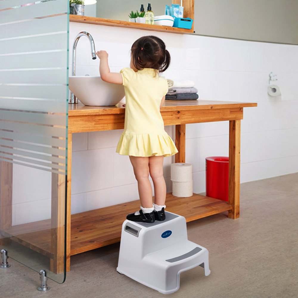 (2 Pack) 2 Step Stool for Kids with 2 Free Finger Pinch Guards! Perfect for The Bathroom and Kitchen, with Extra Thick Anti-Slip Rubber Feet.