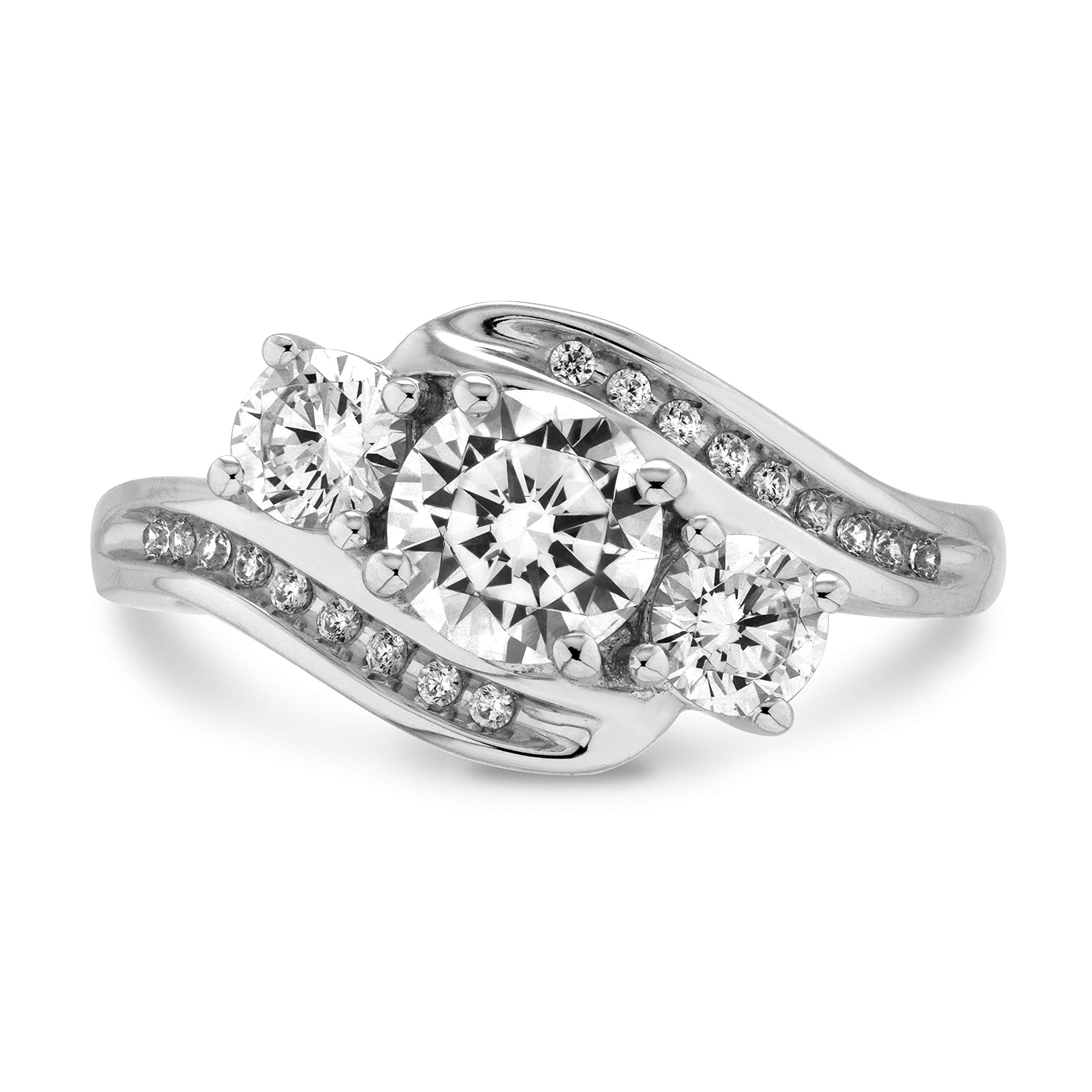 .925 Sterling Silver Cubic Zirconia Diagonal Three Stone Bypass Engagement Ring - Size 8