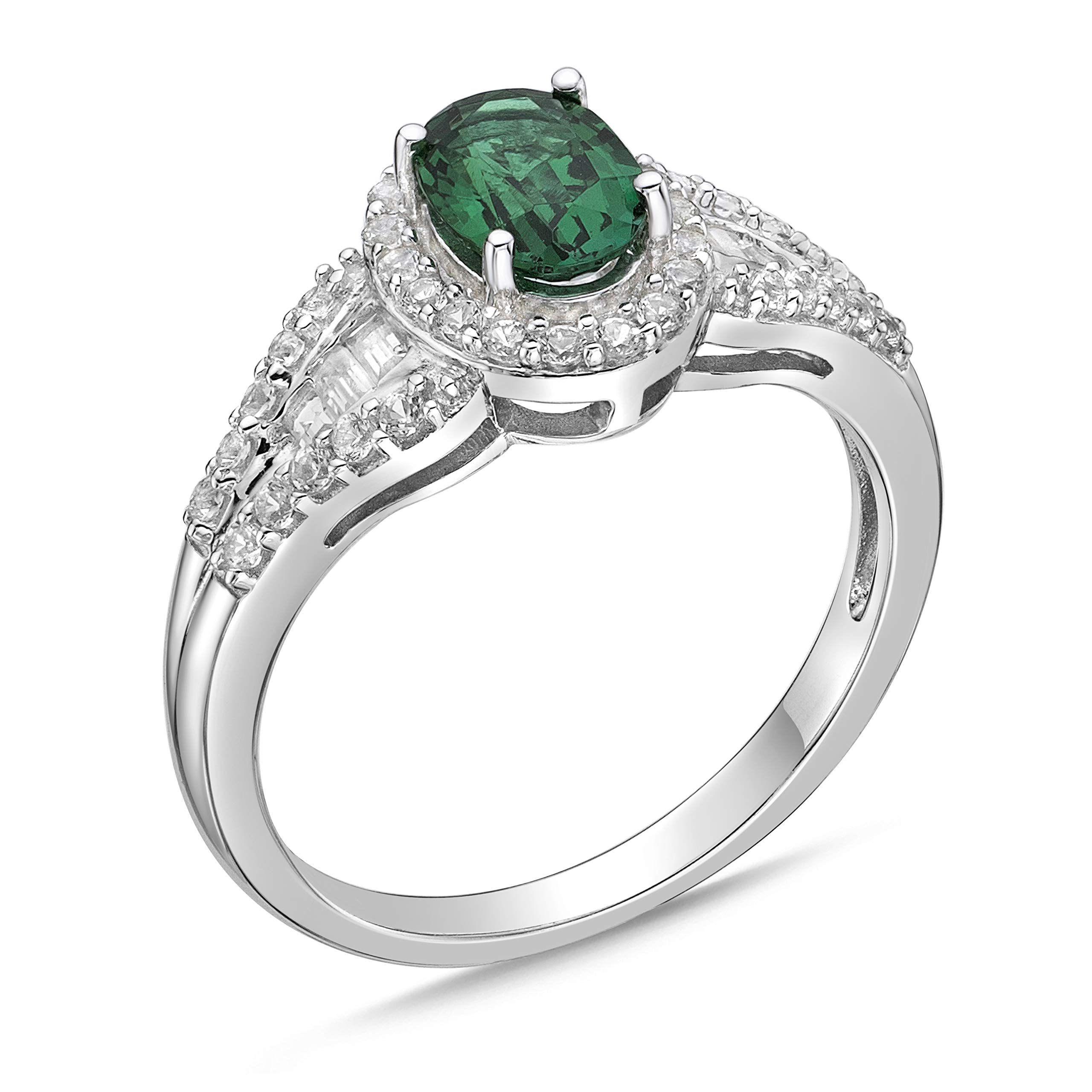 .925 Sterling Silver, Oval Cut Lab-Grown Emerald & Round + Baguette Cut Lab-Grown White Sapphire Halo Flared Band Engagement Ring - Size 7