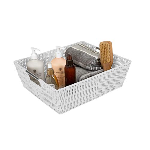 "Simplify 15"x13"x5" Shelf Storage Woven Handles, Nursery, Playroom, Toys, Bedroom, Closet, Clothes, Office, Decorative Organizer Basket Rattan Totes, Large, White" (25453-WHITE)