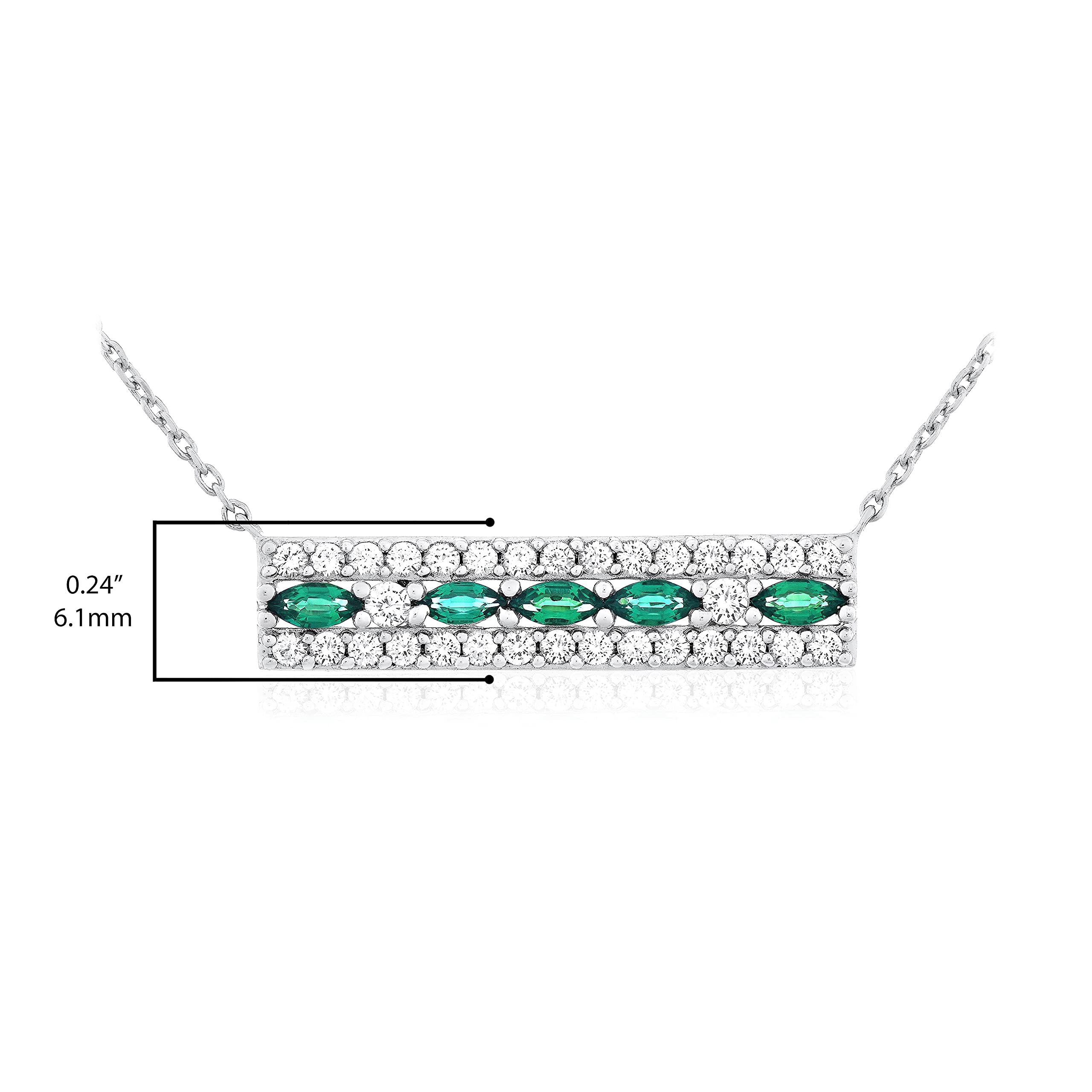 .925 Sterling Silver Marquise Cut Green Lab Grown Emerald and Lab Grown White Sapphire Three Row Horizontal Bar Necklace - 18"