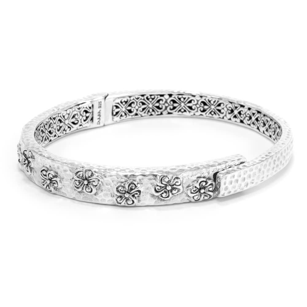.925 Sterling Silver Hammered & Frangipani Retention Cuff Bangle Bracelet - Handmade by Bali Artisans - 7-1/2" Fits Wrist Sizes 6-3/4" - 7-1/2"