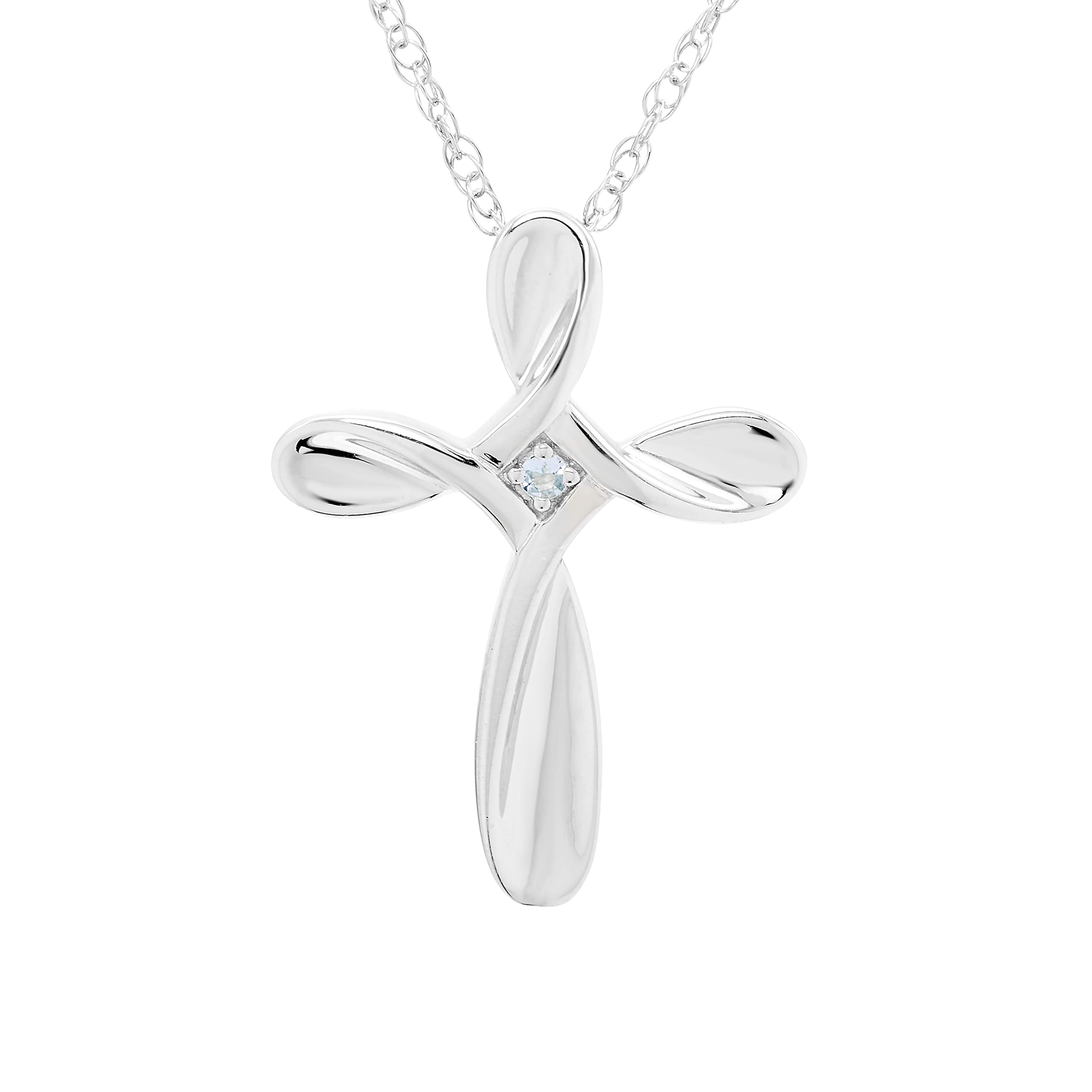.925 Sterling Silver Birthstone Looped Cross Pendant Necklace - 18" Box Chain - March Aquamarine