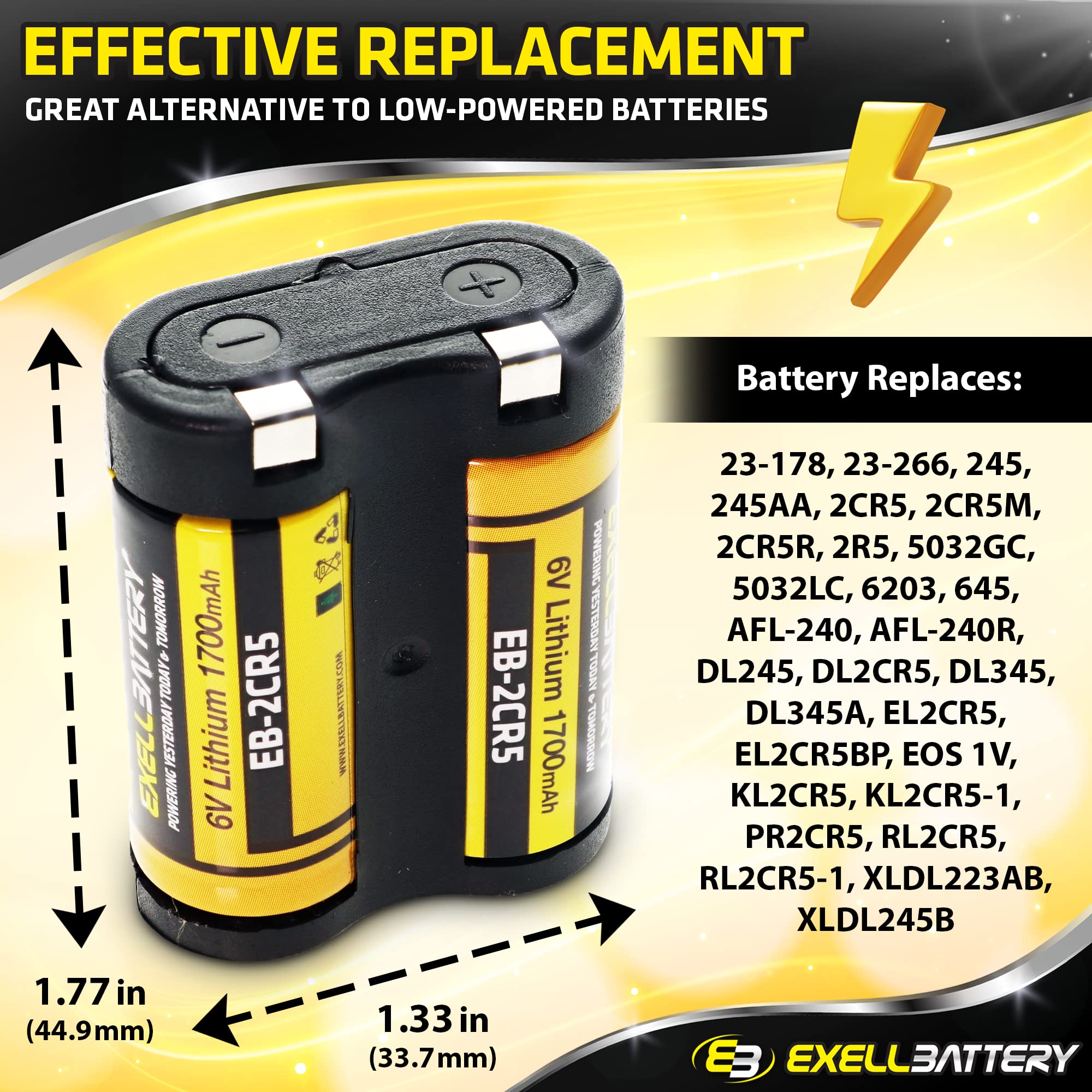 (2-Pack) 2CR5 6V 1700mAh (Highest Capacity on The Market) Photo Lithium Battery Replaces 2CR5, DL245, DL2CR5, DL345, DL345A, EL2CR5, EL2CR5BP, EOS 1V, KL2CR5, KL2CR5-1, PR2CR5, RL2CR5, RL2CR5-1