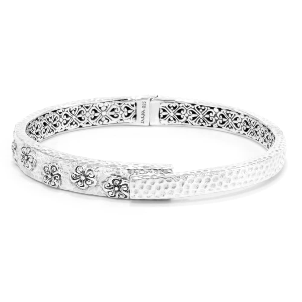 .925 Sterling Silver Hammered & Frangipani Retention Cuff Bangle Bracelet - Handmade by Bali Artisans - 7-1/2" Fits Wrist Sizes 6-3/4" - 7-1/2"