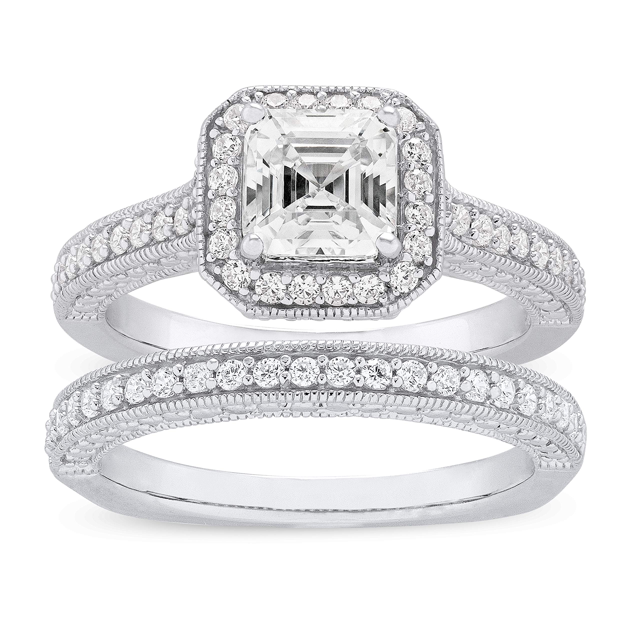 .925 Sterling Silver & Asscher Cut Cubic Zirconia with Halo Cathedral Style Engagement Ring and Half Eternity Style Wedding Band Bridal Set - Size 7