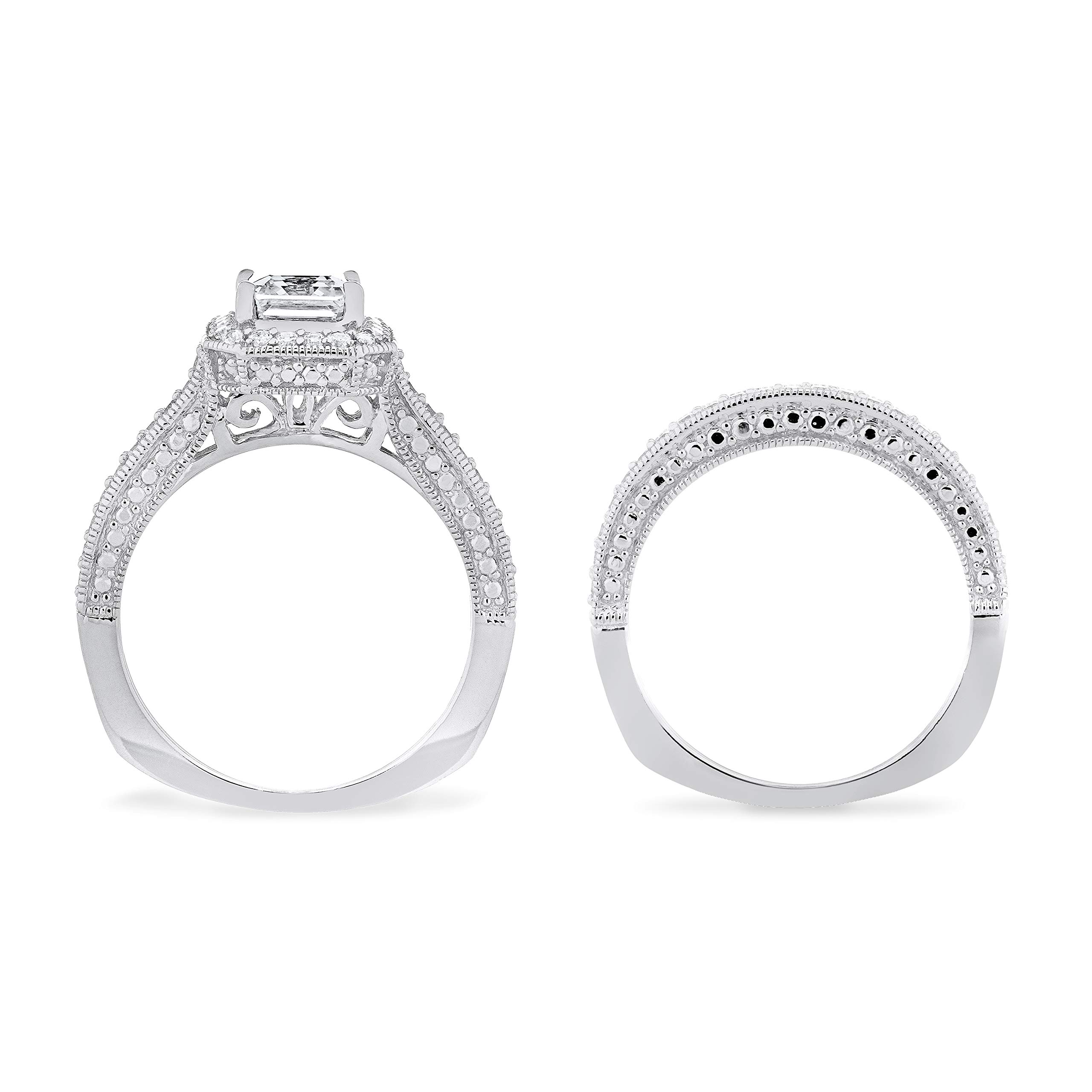 .925 Sterling Silver & Asscher Cut Cubic Zirconia with Halo Cathedral Style Engagement Ring and Half Eternity Style Wedding Band Bridal Set - Size 7
