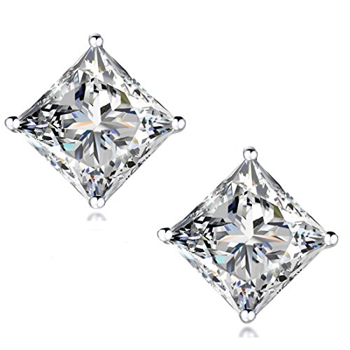 "STUNNING FLAME â18K White Gold Plated Sterling Silver Princess Cut Cubic Zirconia Stud Earrings for men women(w-7)