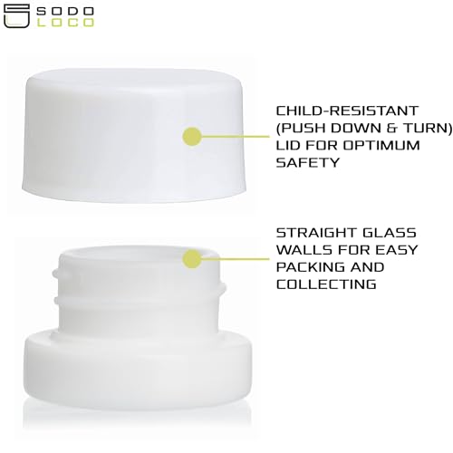 (200 Pack) 5ml Thick White Glass Jars with White Child Resistant Lids - UV Resistant - Storage for Oil, Lip Balm, Wax, Cosmetics - Mini Child Proof Container