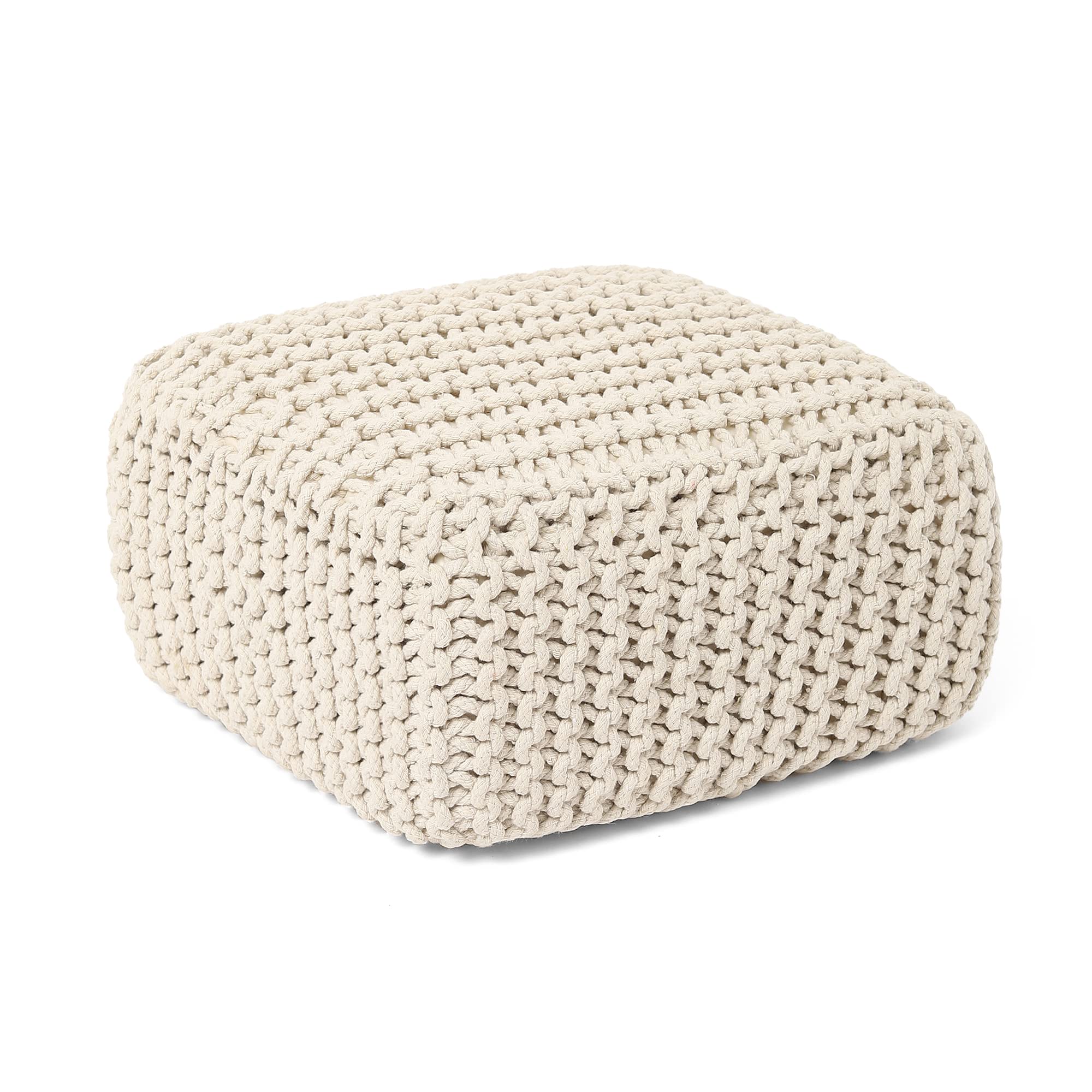 · · REDEARTH · Cube Low Pouf Foot Stool Ottoman - Hand Knitted Poof - Cord Boho Pouffe - Home Décor - Stuffed Footrest for Living Room - Nursery - Bedroom - Covered Patio (16" x 16" x 8") - Ivory