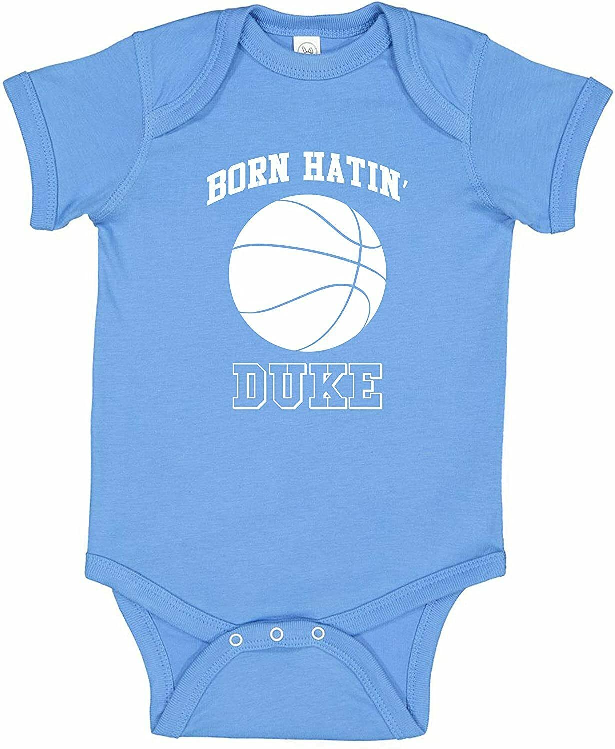 ' Born Hatin' Duke ' UNC Tarheels Funny Basketball Fan Infant Baby Bodysuit - Carolina Blue (6 Months)