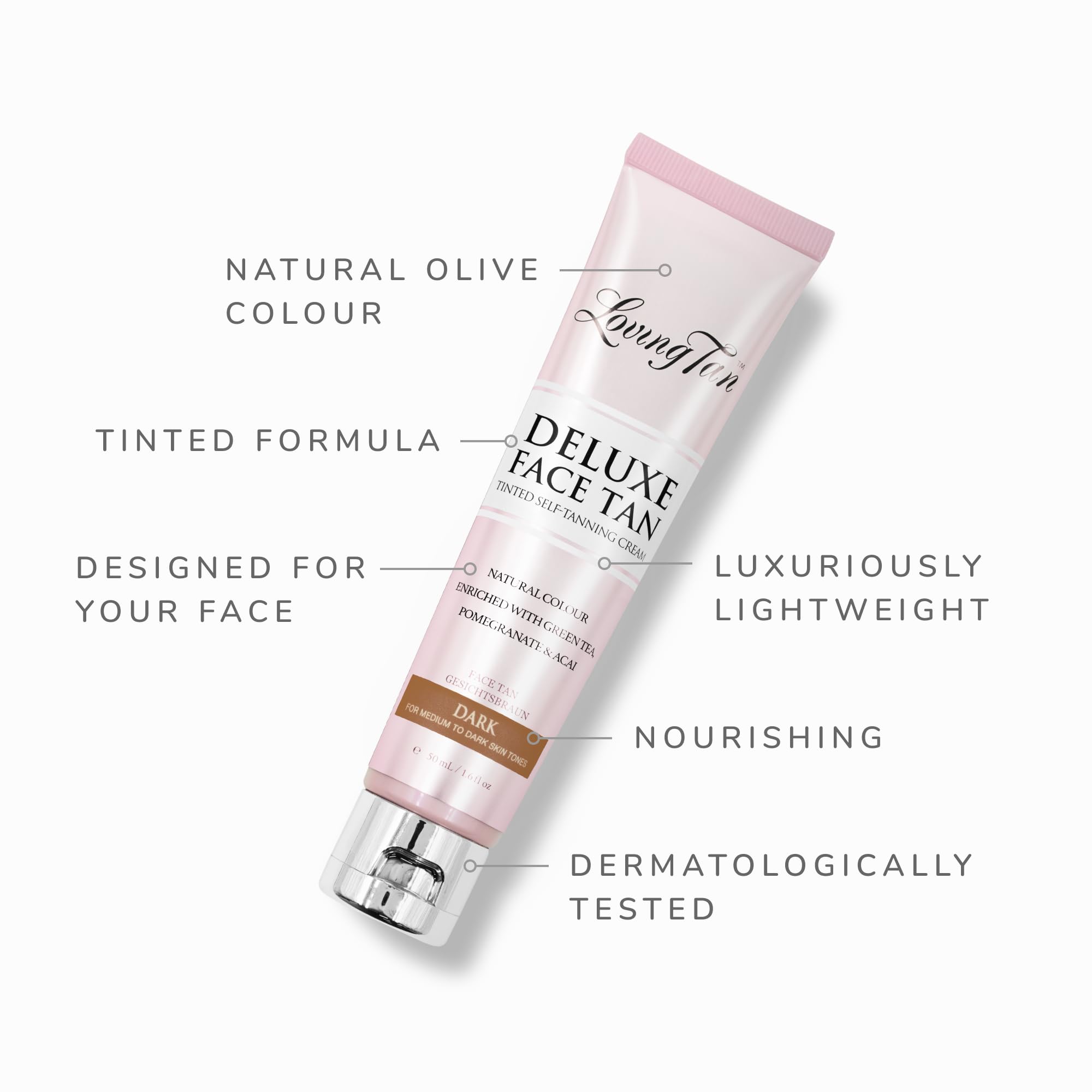 Loving Tan Deluxe Face Tan, Dark - Streak Free, Natural Looking, Professional Strength Sunless Tanner - 10+ Self Tanning Applications per Bottle, Cruelty Free, Naturally Derived DHA - 1.6 Fl Oz
