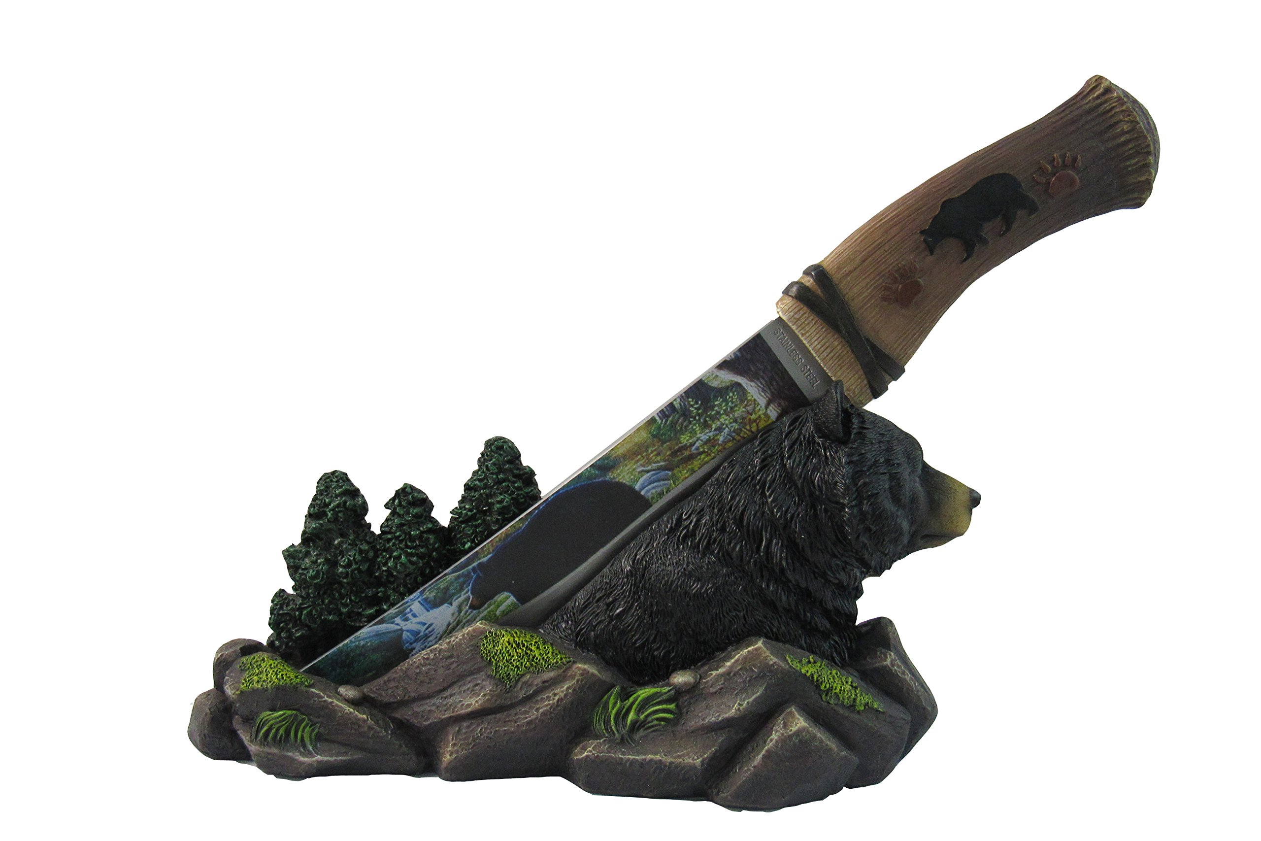 'Blade of the Bear' Rustic Black Bear Decorated Fixed Knife and Holder Set - Intricate Metal Detailing - Majestic Rustic Cabin Decor - 9.75 Inches Long