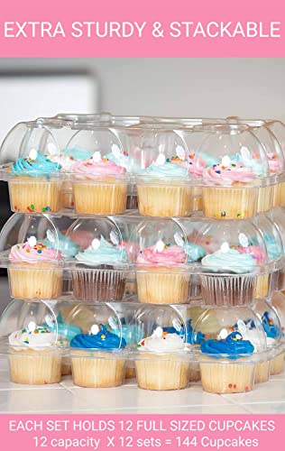 (12Pack x 12 Sets) STACK'nGO Cupcake Carriers - Sturdy Strong High Tall Dome Containers Plastic Disposable Storage Boxes Dozen Compartments Slots Holder Cupcakes Box Tray Container Cup Cake Holders