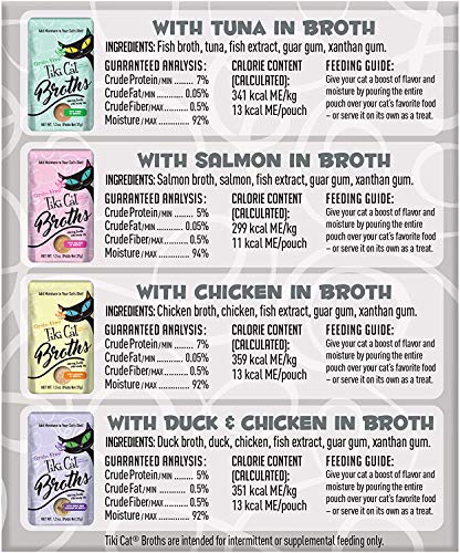 (2 Boxes) Tiki Cat Savory Broth, Grain Free Lickable Wet Food Treat, Add Moisture & Boost Flavor, 24 Pouches with 10ct pet Wipes