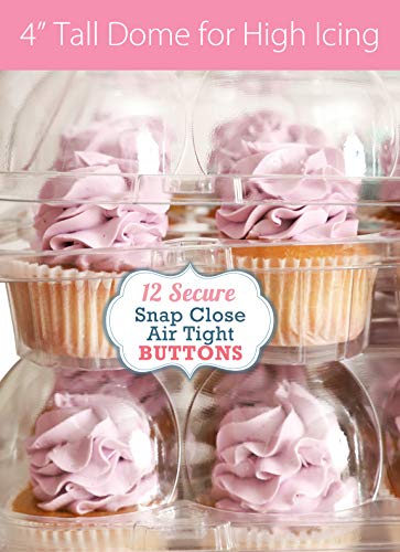 (12Pack x 12 Sets) STACK'nGO Cupcake Carriers - Sturdy Strong High Tall Dome Containers Plastic Disposable Storage Boxes Dozen Compartments Slots Holder Cupcakes Box Tray Container Cup Cake Holders