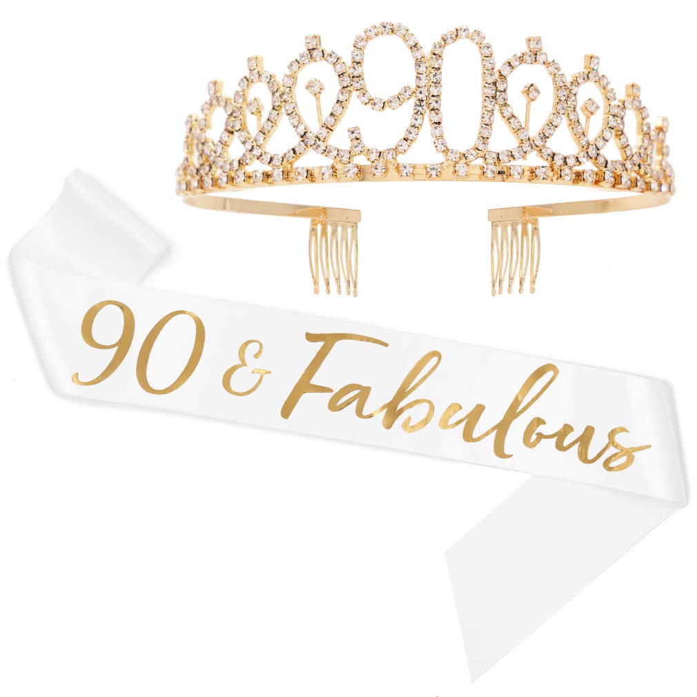 "90 and Fabulous" Sash & Rhinestone Tiara Set - 90th Birthday Gifts Birthday Sash for Women Birthday Party Supplies (White/Gold)