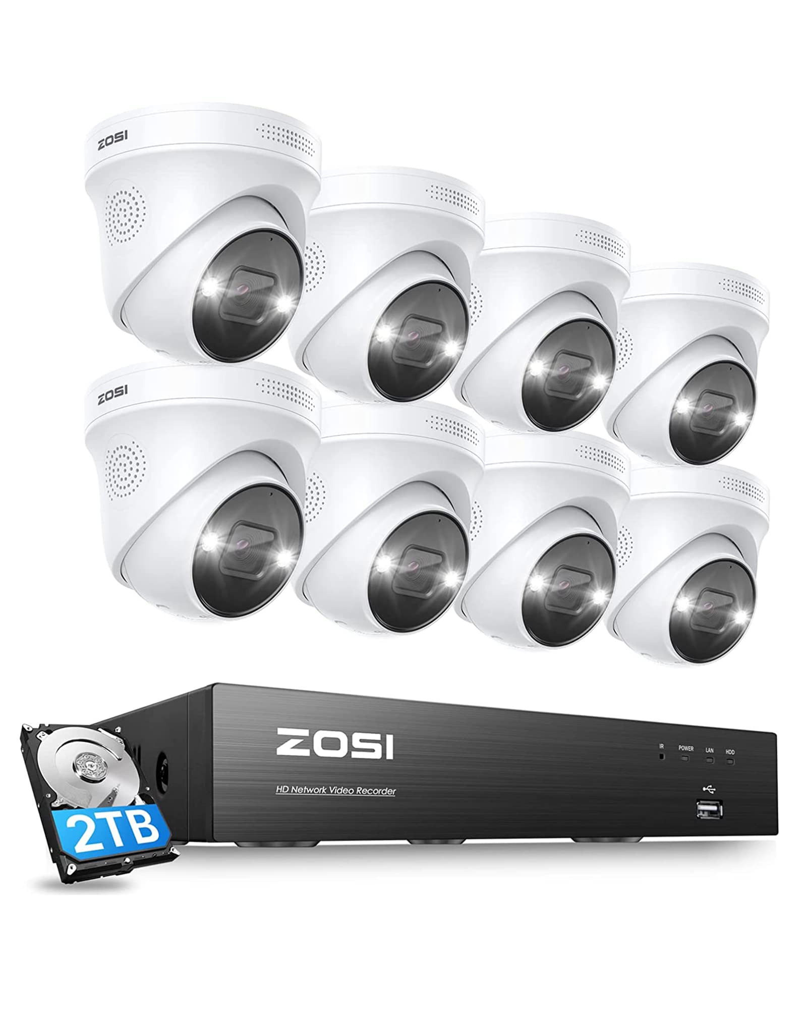 ZOSI H.265+ 4K PoE Home Security Camera System Outdoor Indoor,4K 8 Channel NVR with 2TB Hard Drive and 8pcs 8MP Surveillance PoE Cameras,100ft Night Vision,Motion Detection,for 24/7 Recording