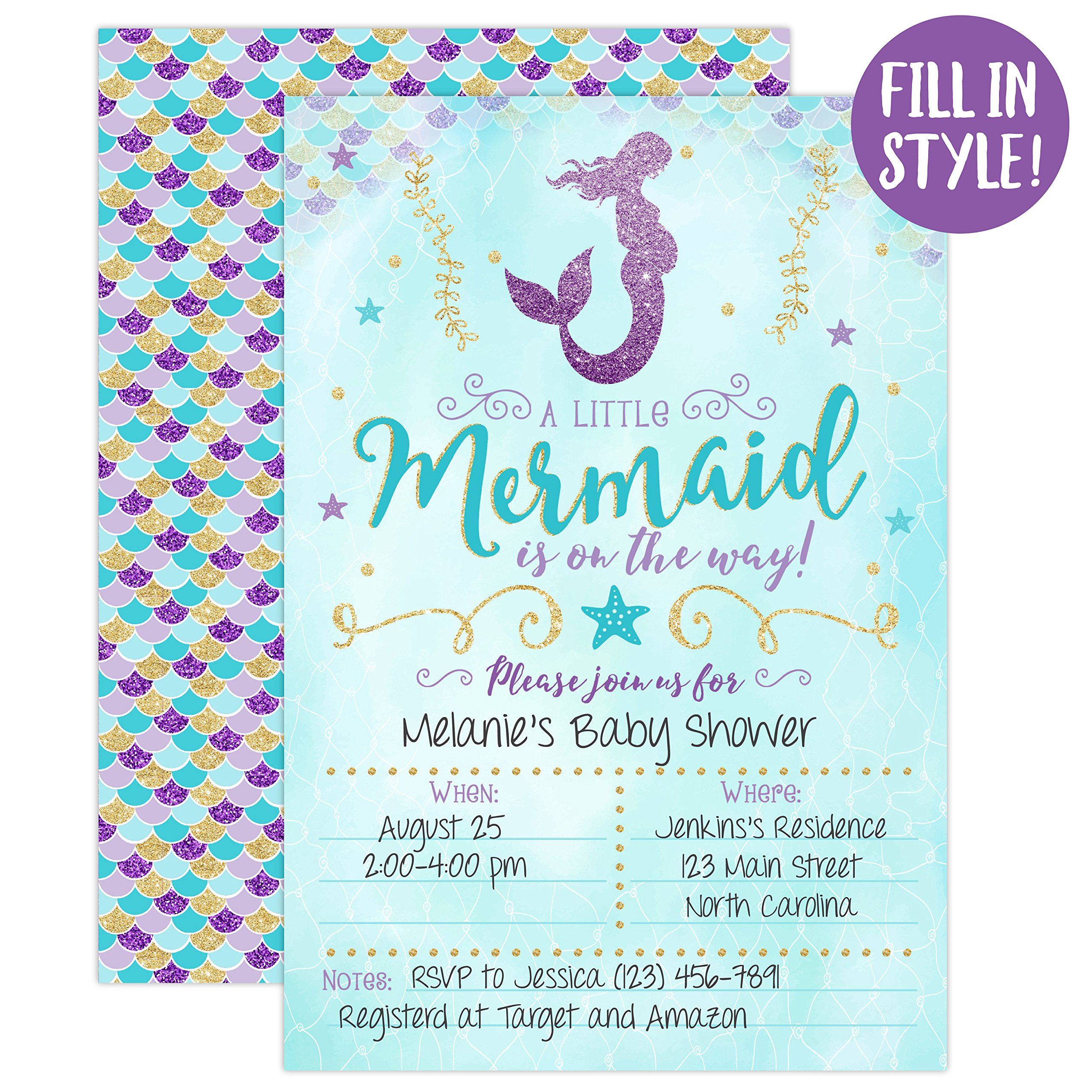 Your Main Event Prints Mermaid Baby Shower Invitation, Blue and Gold Mermaid Baby Shower, Baby Sprinkle Invite, 20 Fill in Invitations and Envelopes