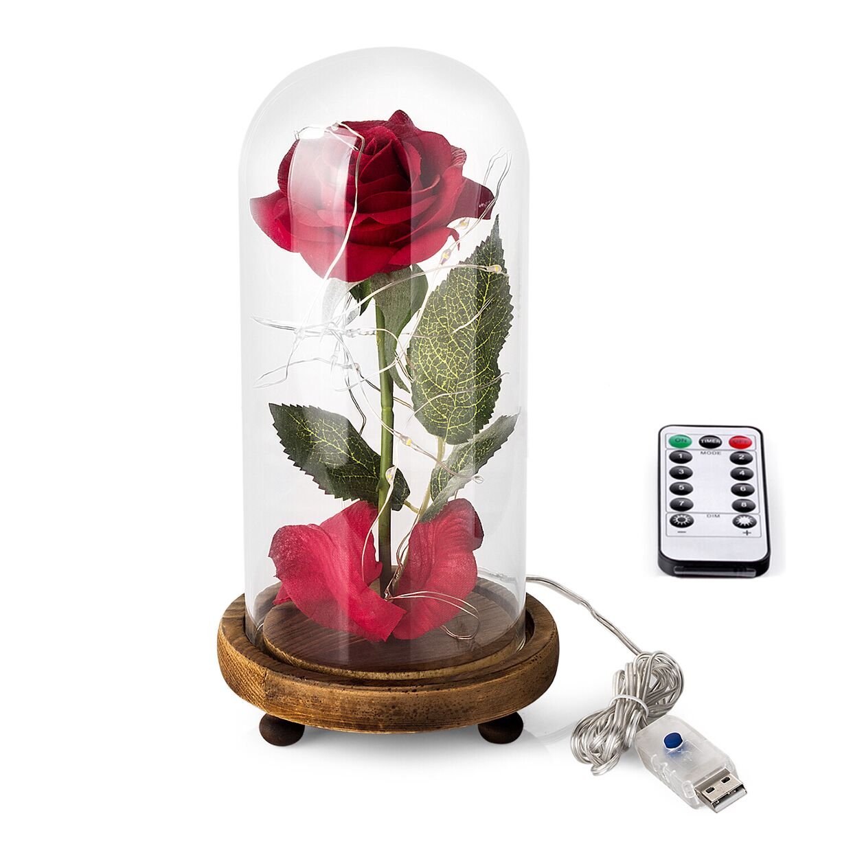 "Beauty and the Beast" Rose Kit, Red Silk Rose and Led Light with Fallen Petals in Glass Dome on Wooden Base for Home Decor Holiday Party Wedding Anniversary