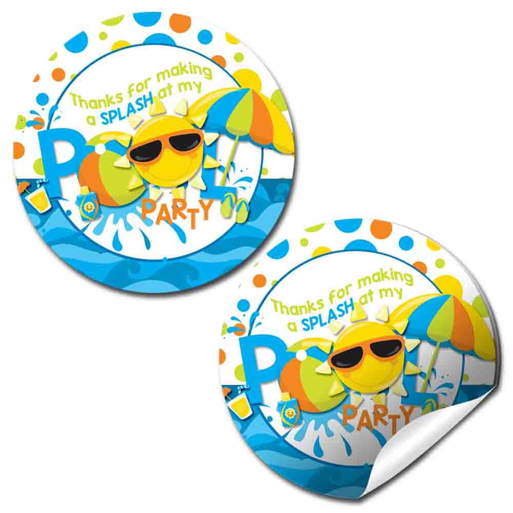 Pool Birthday Party Thank You Sticker Labels for Boys, 40 2" Party Circle Stickers by AmandaCreation, Great for Party Favors, Envelope Seals & Goodie Bags