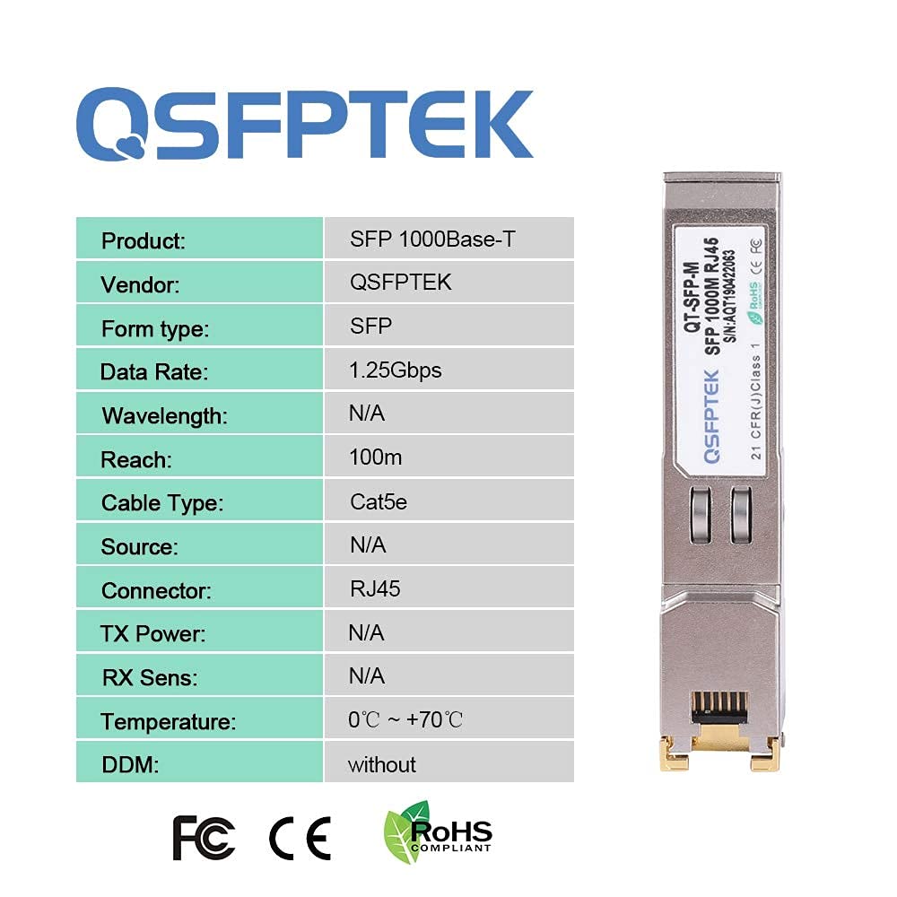 1000BASE-T SFP to RJ45, 1.25G SFP-T Gigabit SFP Copper RJ45 Module Mini GBIC Transceiver for Ubiquiti UF-RJ45-1G, Supermicro, Netgear, Broadcom, Other Open Switches, up to 100m