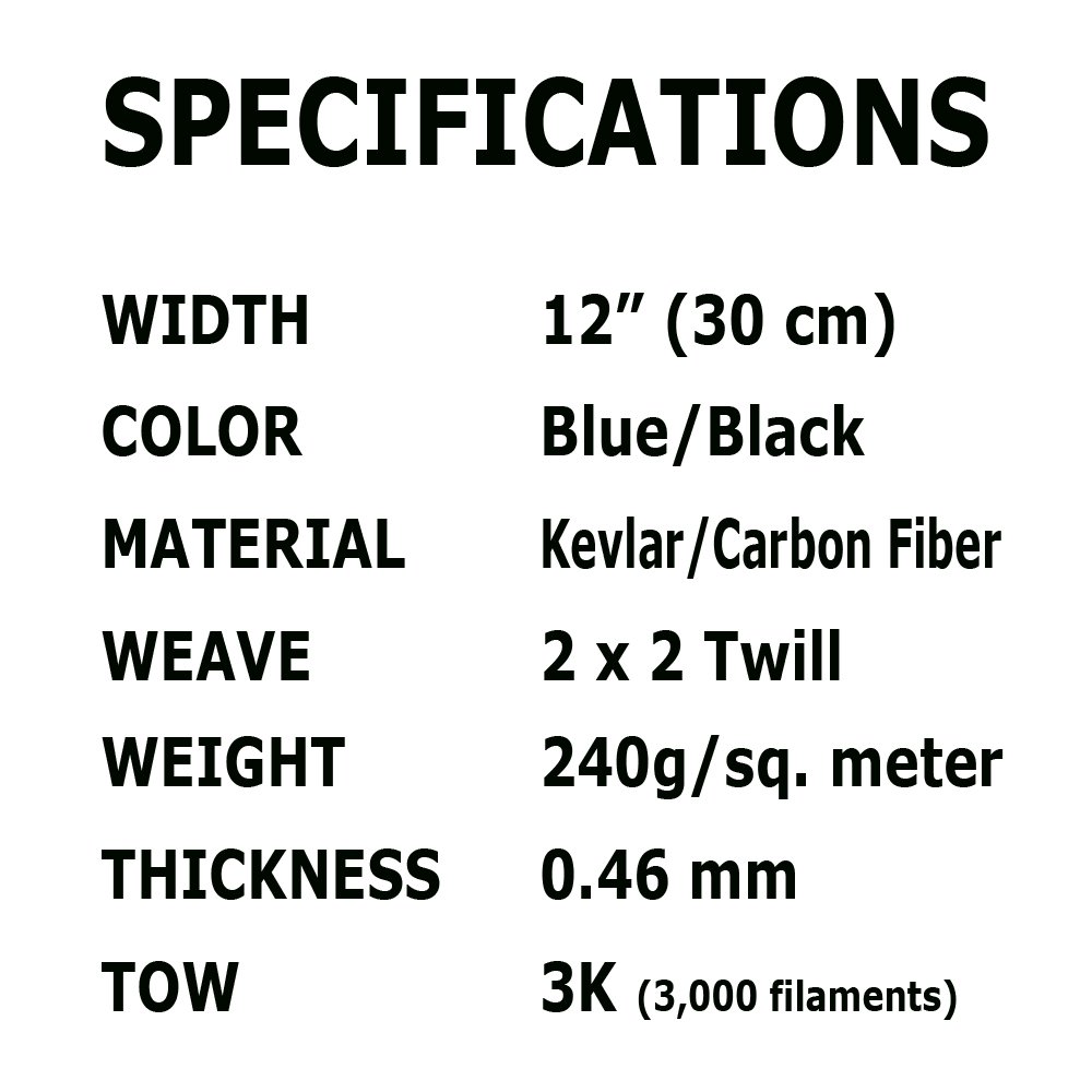 (1 ft -25 ft Rolls) KARBXON - 12 in - Carbon Fiber Aramid Fabric - Blue - 3K - 240g/meter - Twill Weave - Advanced Cloth Fabric - Rolled 12β Wide Hemmed Fabric for Repair, Drones, RC & DIY Projects
