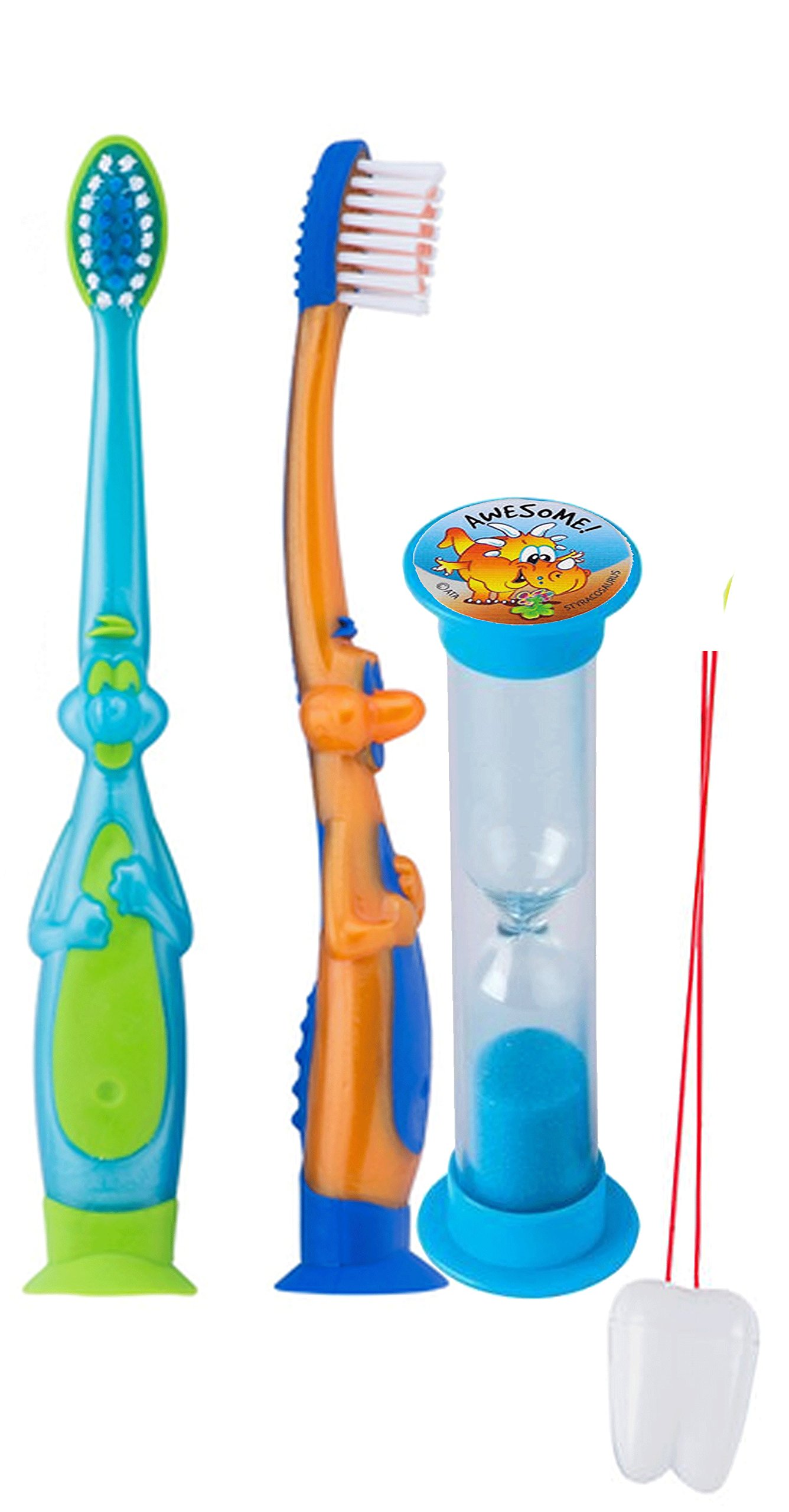 "Prehistoric Dino Adventure" Inspired 3pc. Bright Smile Oral Hygiene Set! T-Rex Toothbrush & Dinosaur Brushing Timer! Plus Bonus"Remember to Brush" Visual Aid!