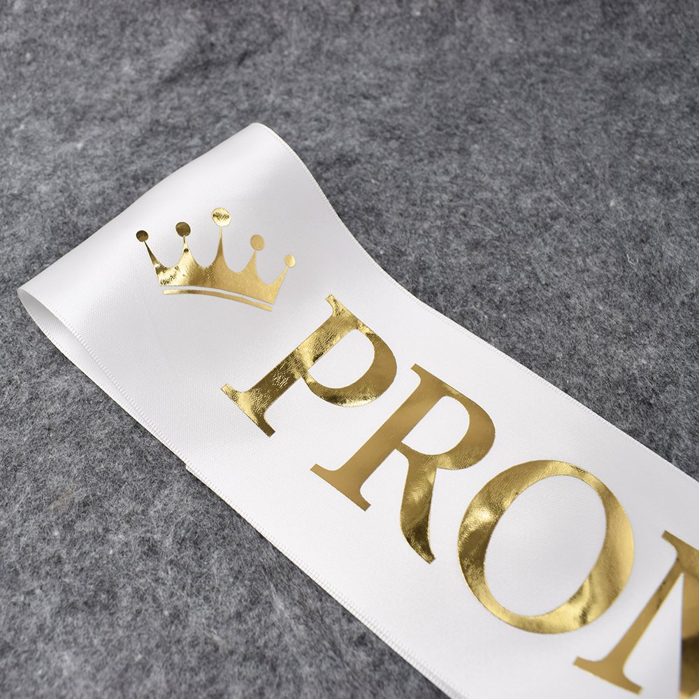"Prom Court" Sash - Set of 2 - School Dance Graduation Party School Party Accessories, White with Gold Print β¦