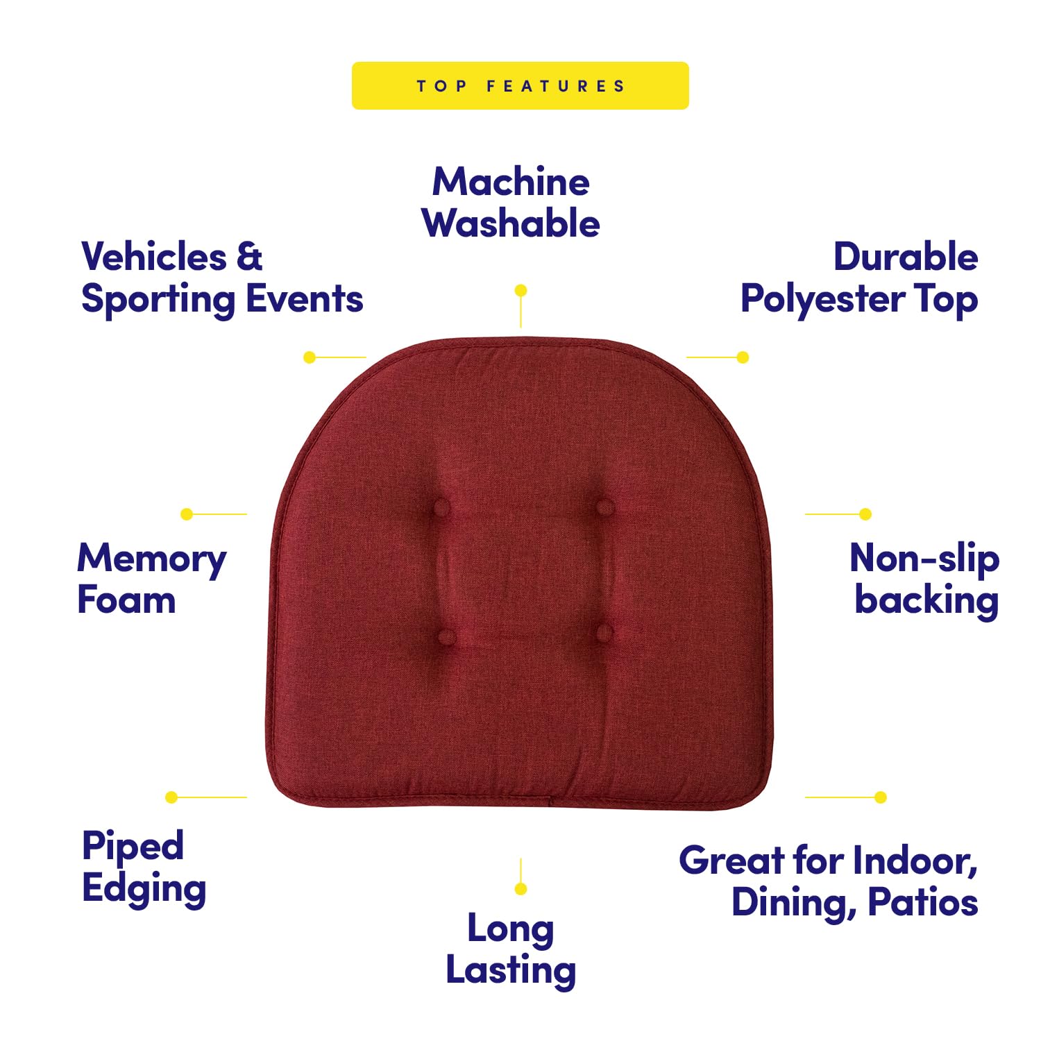 Sweet Home Collection Chair Cushion Memory Foam Pads Tufted Slip Non Skid Rubber Back U-Shaped 17" x 16" Seat Cover, 4 Count (Pack of 1), Wine Burgundy
