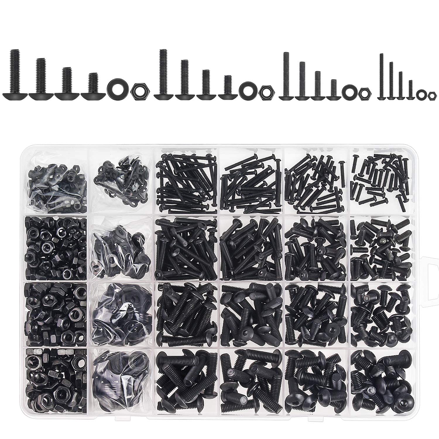 DYWISHKEY 1220 Pieces M2 M3 M4 M5, 10.9 Grade Alloy Steel Hex Button Head Cap Bolts Screws Nuts Washers Assortment Kit with Hex Wrenches