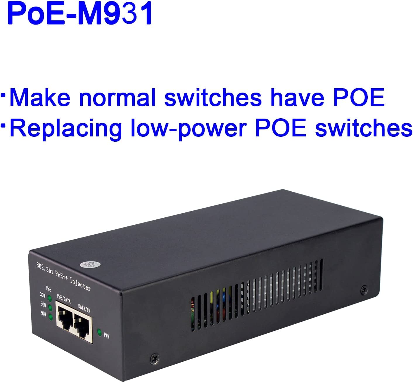 CENTROPOWER High Power Gigabit PoE Injector 90W，Ethernet Switch PoE+ Injector Adapter，10/100/1000Mbps，IEEE 802.3af/at/bt Compliant, Up to 100M(328 feet)