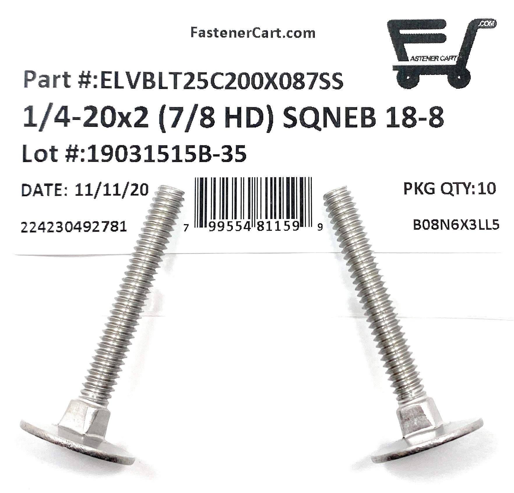(10) 1/4-20x2 Stainless Steel Elevator Bolt Square Neck (7/8 Diameter Head) 18-8