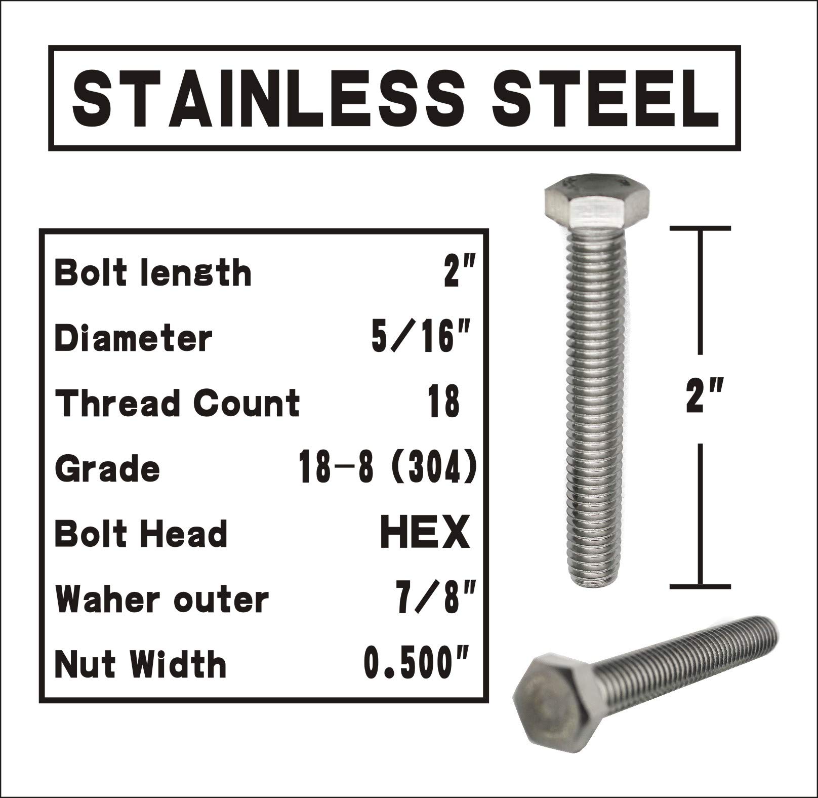 (10 Sets) 5/16-18x2" Stainless Steel Hex Head Screws Bolts, 5/16 Nuts, 5/16 Flat Washer & 5/16 Lock Washers, 18-8 (304) S/S, Fully Threaded by Bolt Fullerkreg