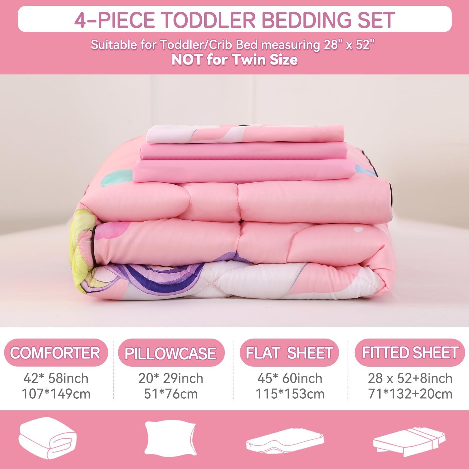 Wowelife Unicorn Toddler Bedding Set for Girls, Rainbow 4 Piece Toddler Bed Sheets Sets Pink Toddler Comforter Set Kids Bag in A Bag with Comforter, Flat Sheet, Fitted Sheet and Pillowcase, Pink