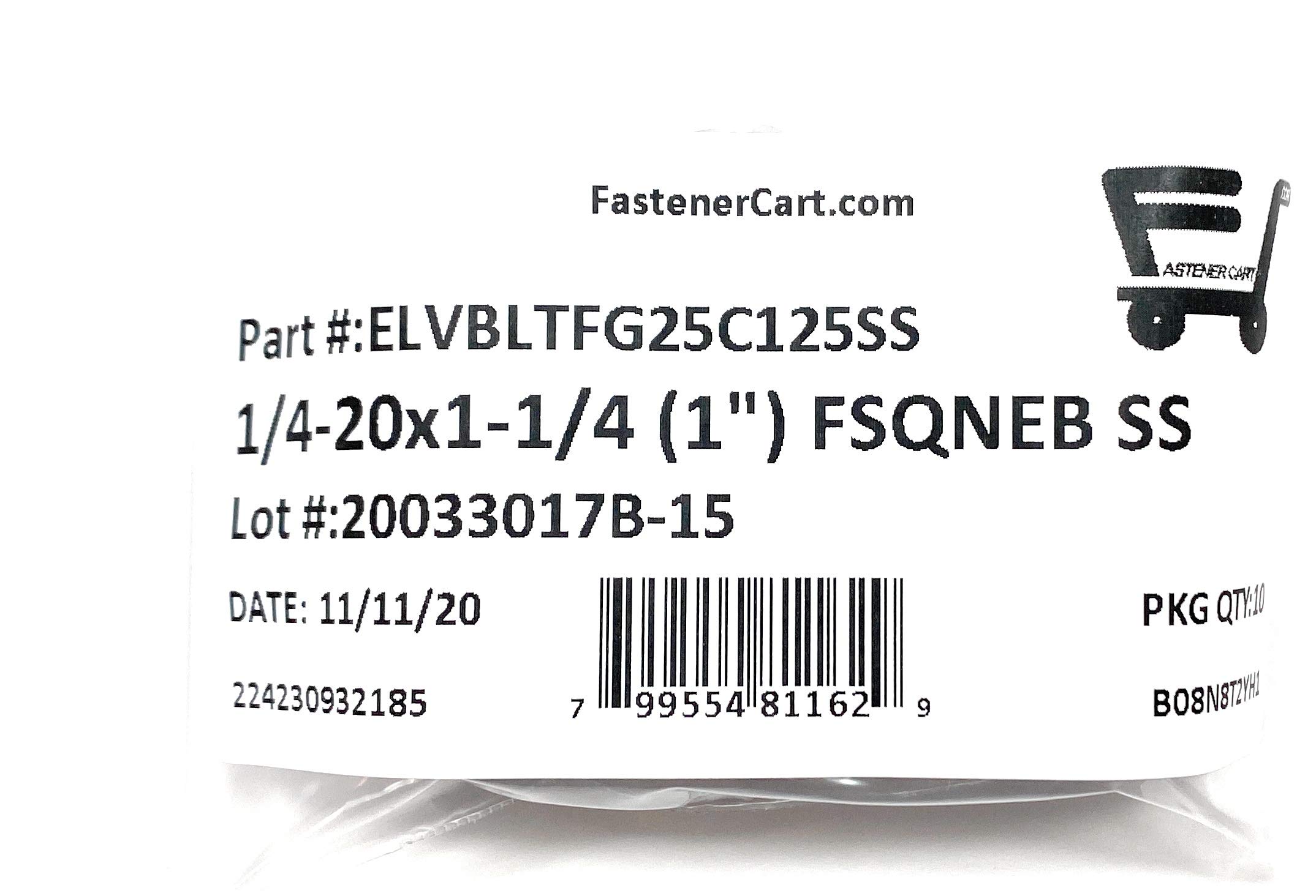 (10) 1/4-20x1-1/4 Stainless Steel Fanged Elevator Bolt Square Neck (1" Diameter Head) 18-8