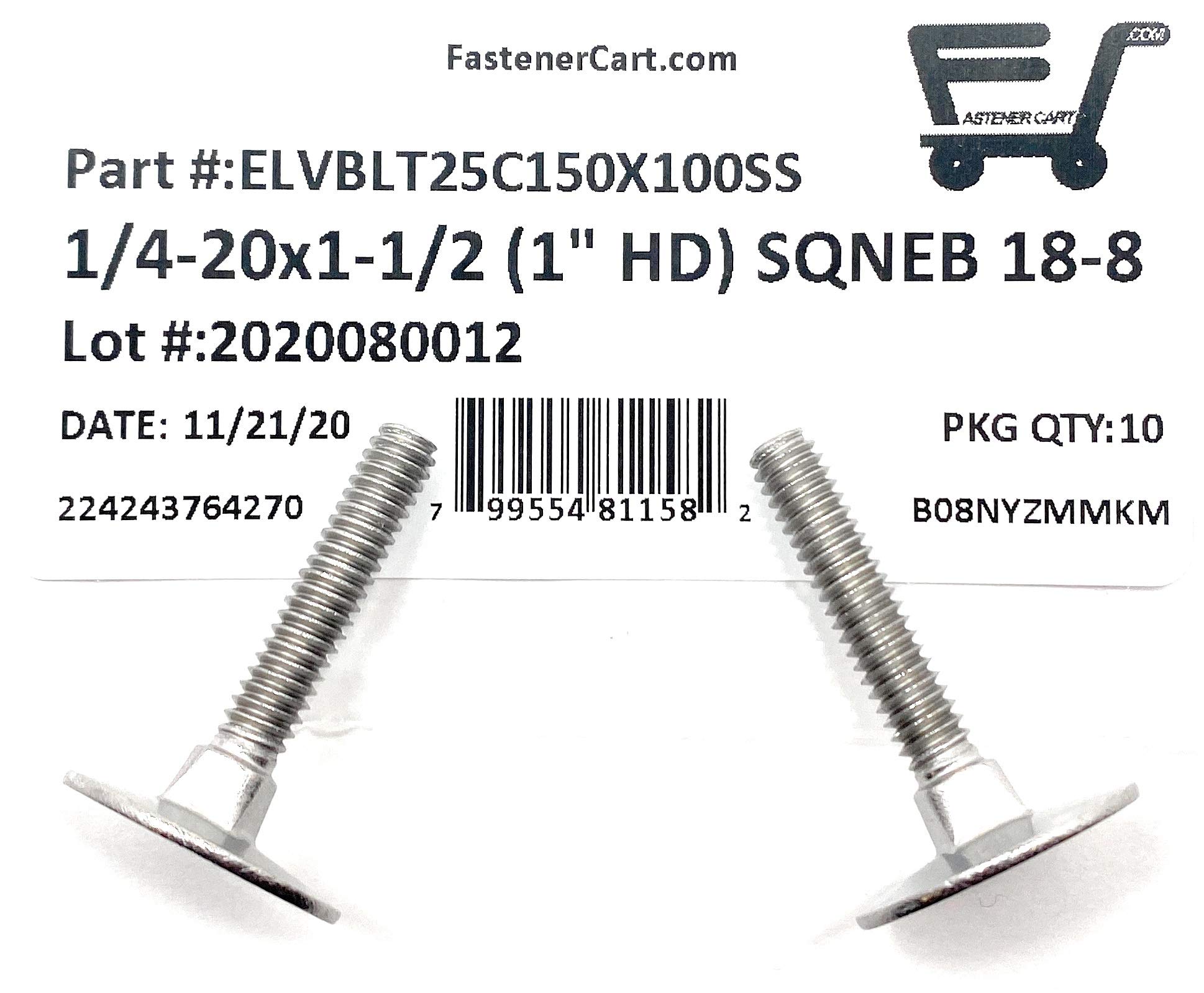 (10) 1/4-20x1-1/2 Stainless Steel Elevator Bolt Square Neck (1" Diameter Head) 18-8