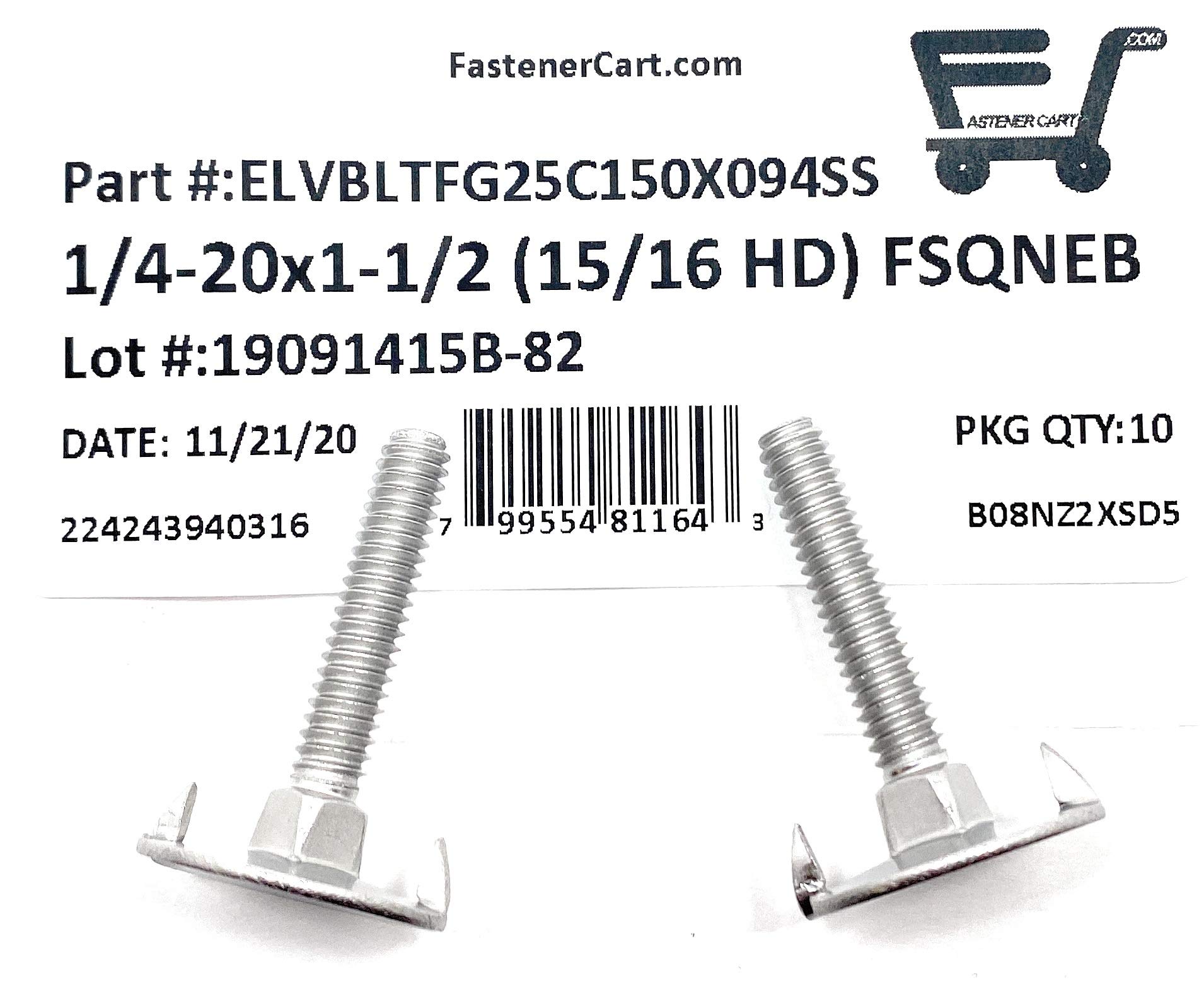 (10) 1/4-20x1-1/2 Stainless Steel Fanged Elevator Bolt Square Neck (15/16 Diameter Head) 18-8
