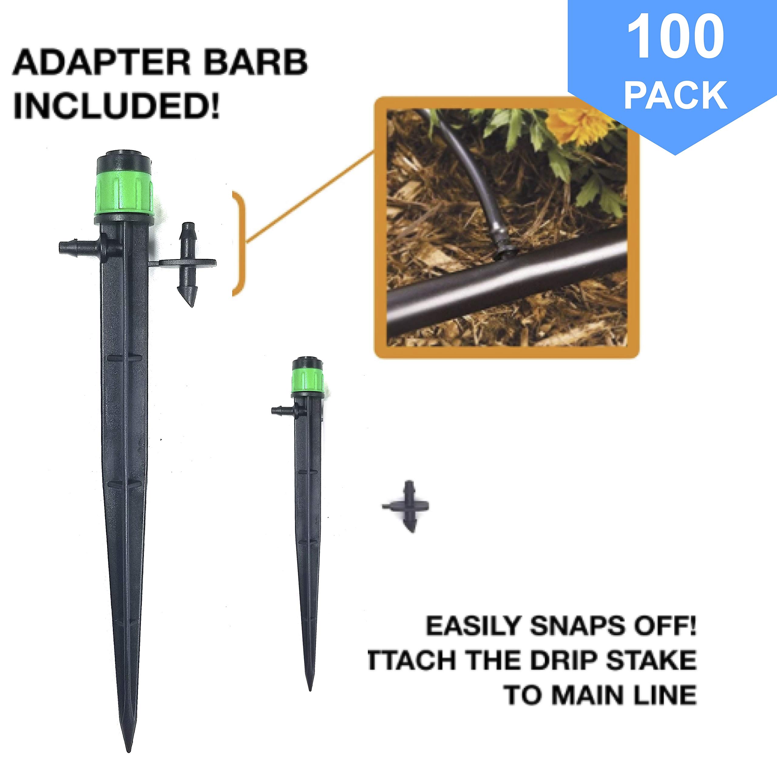 (100-PACK) - 1/4" Inch 360 Degree Drip Emitter On 5" Stake Sprayer Adjustable Flow 0-20 GPH, Fits 1/4 (4-6mm) Irrigation Tubing - Micro Bubbler Drippers for Drip Irrigation (100 Pack Dripper on Stake)