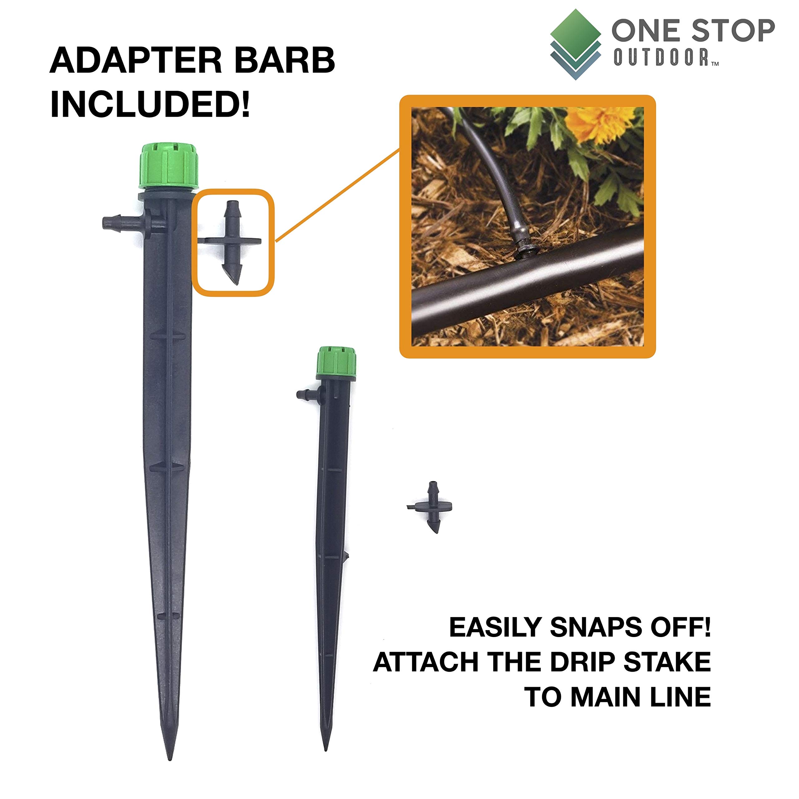 (100-PACK) - 1/4" Inch Universal 360* Degree Drip Emitter On 5" Stake - Adjustable Flow 0-18.5 GPH Fit 1/4 (4-7mm) Drip Irrigation Tubing - Professional Grade Drippers for Drip Irrigation