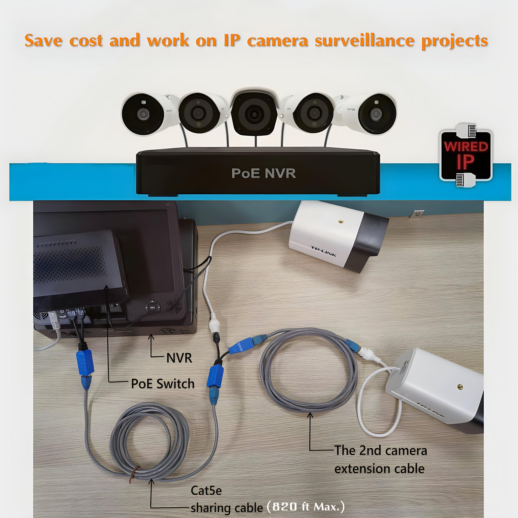 AIMHD 4 Pair RJ45 Ethernet Combiner, Cat5 PoE Splitter, 2-in-1 (2 Cameras Over 1 Cable) Adapter for 8 IP Security Camera NVR Surveillance System