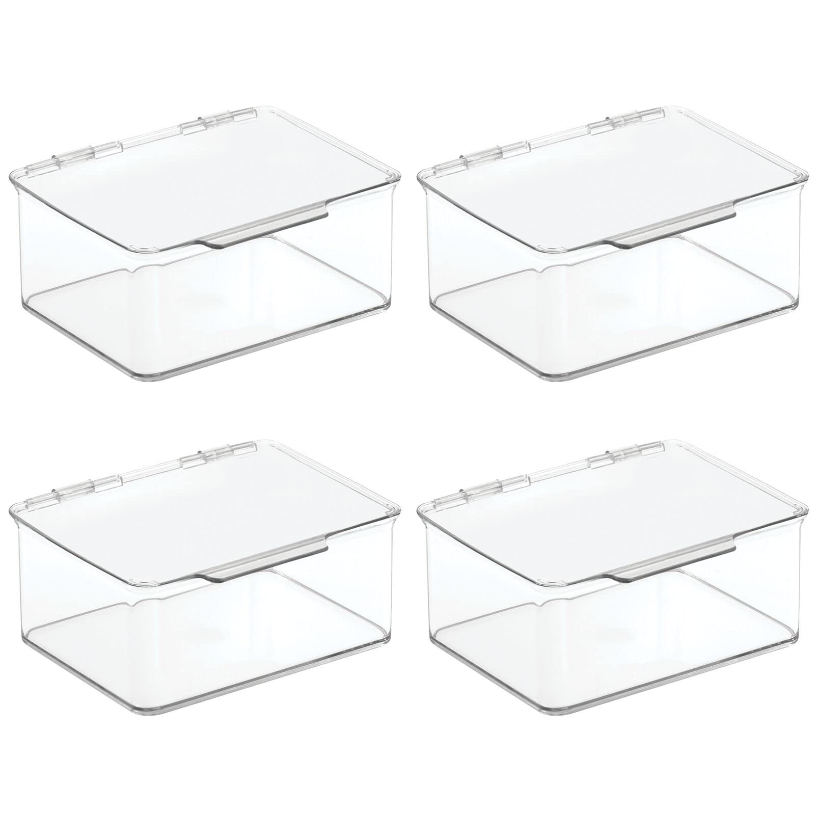 mDesign Plastic Cosmetic Storage Organizer Box Containers, Hinged Lid for Bedroom, Bathroom Vanity Shelf or Cabinet, Holds Masks, Palettes, Nail Polish, Lumiere Collection, 4 Pack - Clear