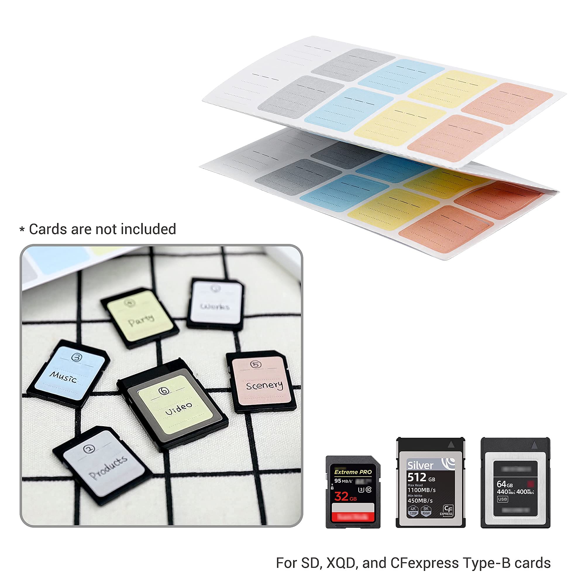 (120 Count) Multi-use Label Printable Stick-On Camera Memory Card Labels SD SDHC SDXC XQD CF CFexpress Type-B Card USB Flash Drive Removable Stickers Cards Mark Paper Labeler