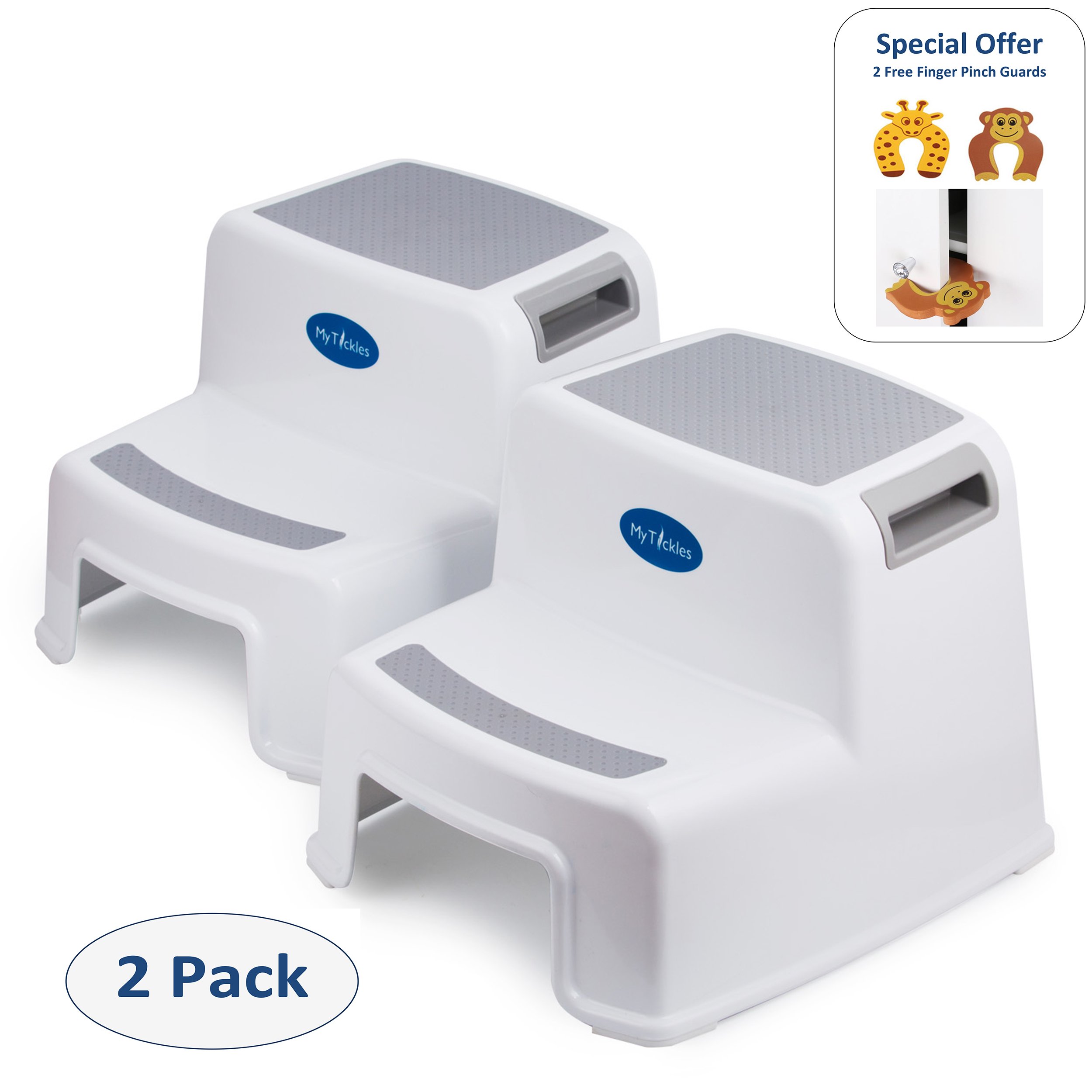 (2 Pack) 2 Step Stool for Kids with 2 Free Finger Pinch Guards! Perfect for The Bathroom and Kitchen, with Extra Thick Anti-Slip Rubber Feet.