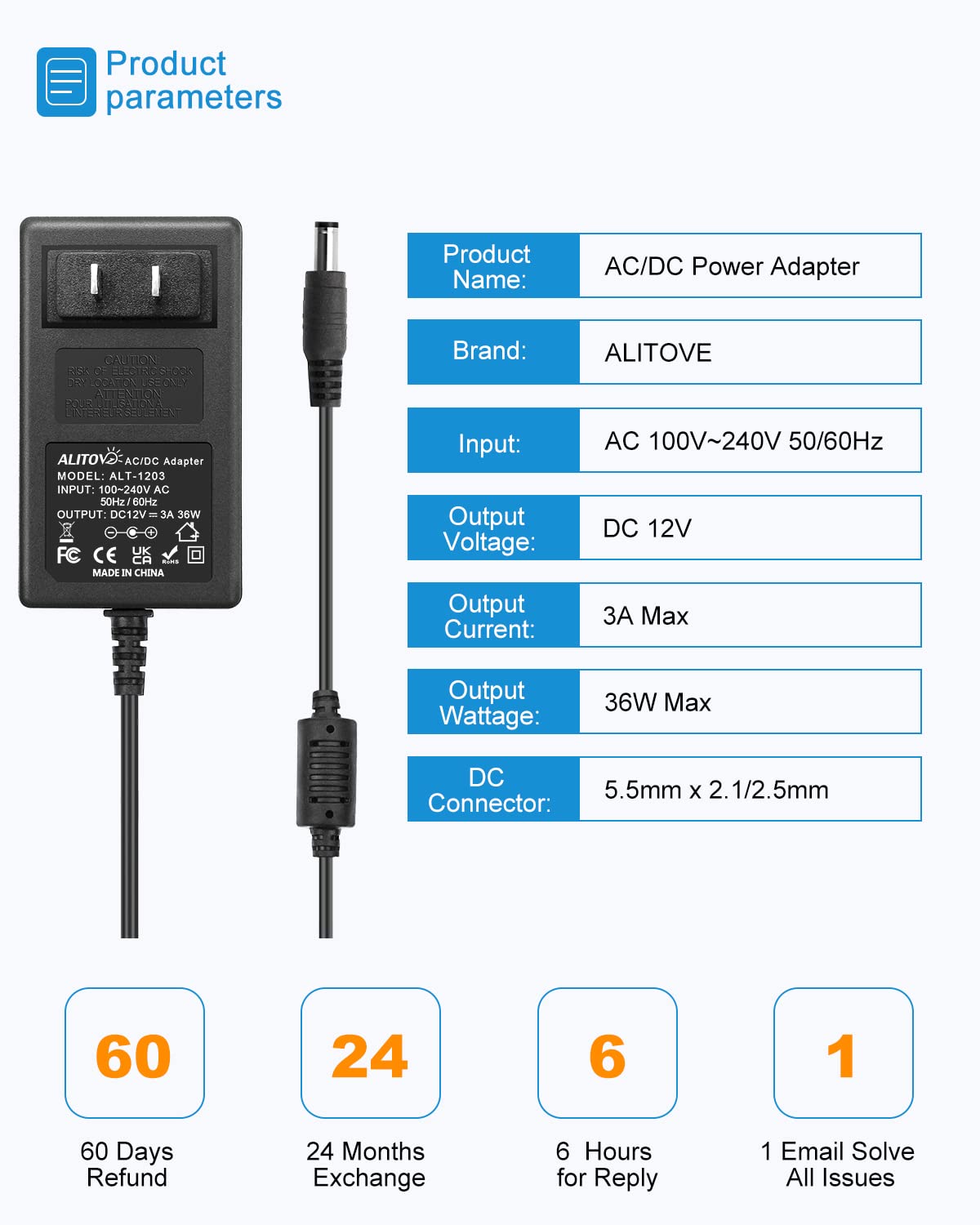 ALITOVE 12V 3A Power Supply Adapter 100~240V AC to DC 12 Volt 3 Amp 36W Converter 12 vdc 3000mA 2.2A 2.4A 2.5A 2.8A Available 5.5mm x 2.5mm 2.1mm for LED Strip Light CCTV Security Camera Router