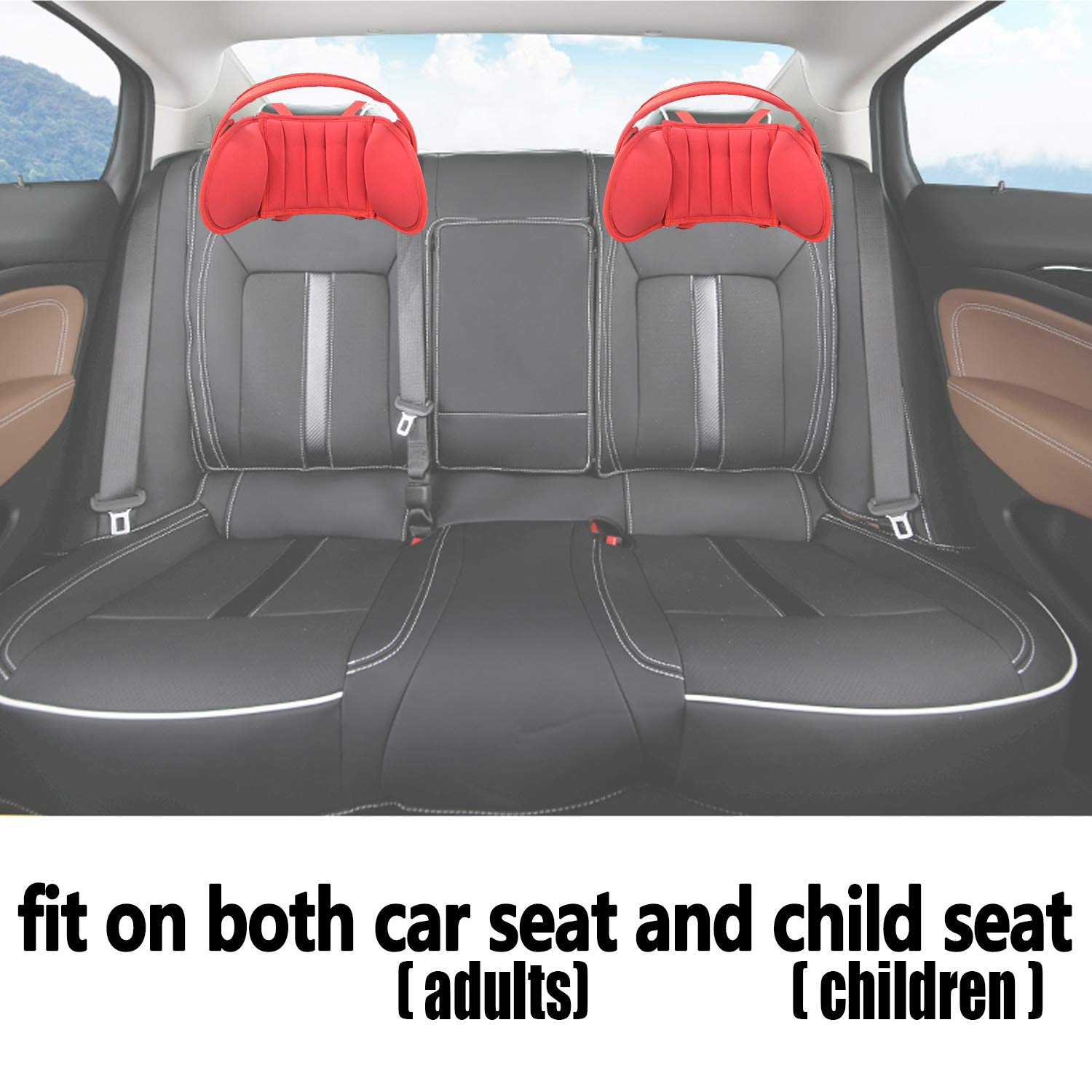 Adjustable Child Car Seat Head Support, Universal Suitable for Both Children and Adults, Head Protect Pad on Child Car Seat, Safety Car Sleeping Headrest for Child, Infants, Toddlers and Adults (Red)