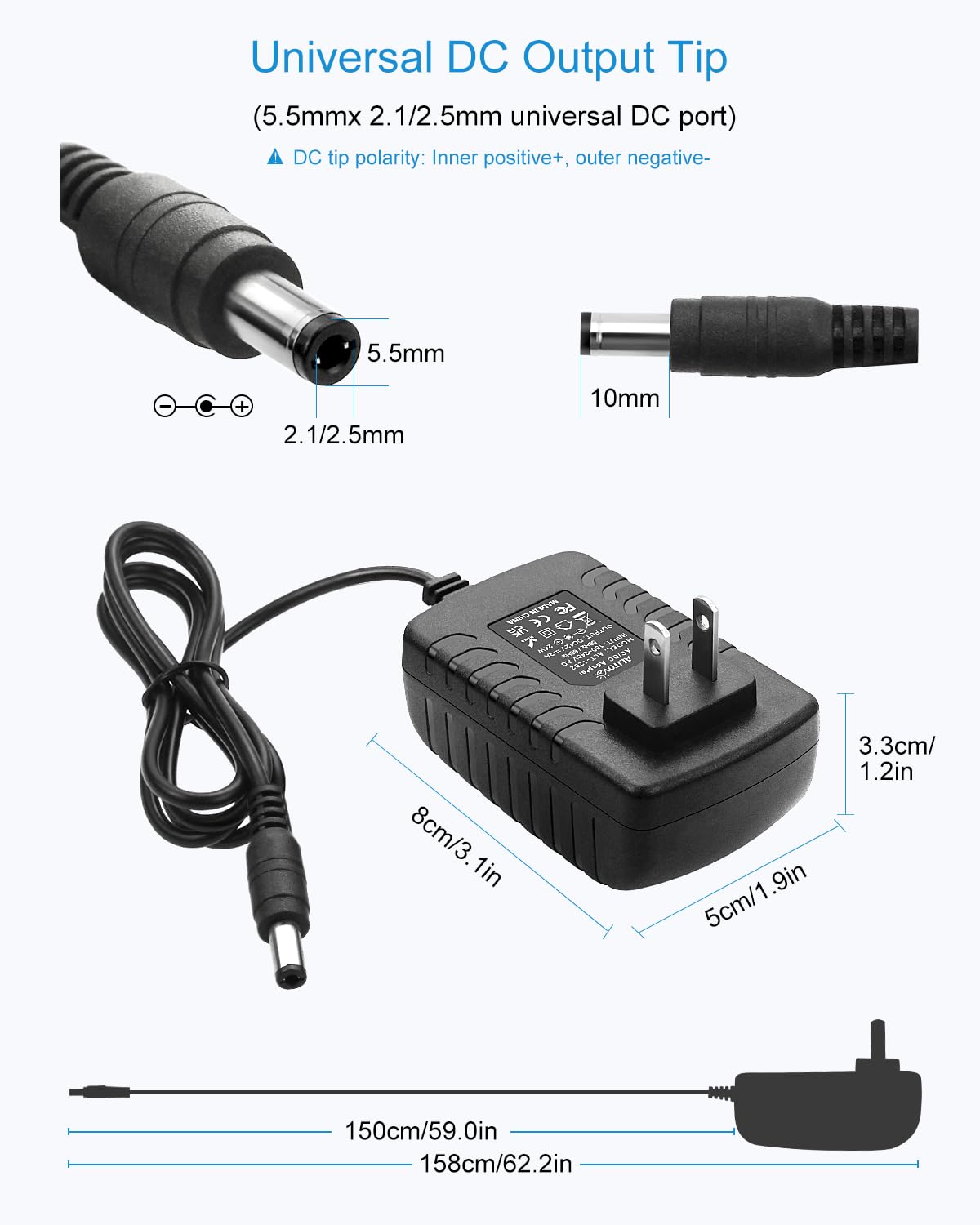 ALITOVE 12V DC Power Supply 2A 24W AC/DC Adapter 100~240V AC to DC 12 Volt 2 Amp 1.8A 1.5A 1.2A Converter with 5.5 x 2.5mm 2.1mm Plug for LED Strip Light CCTV Security Camera BT Speaker Webcam Router