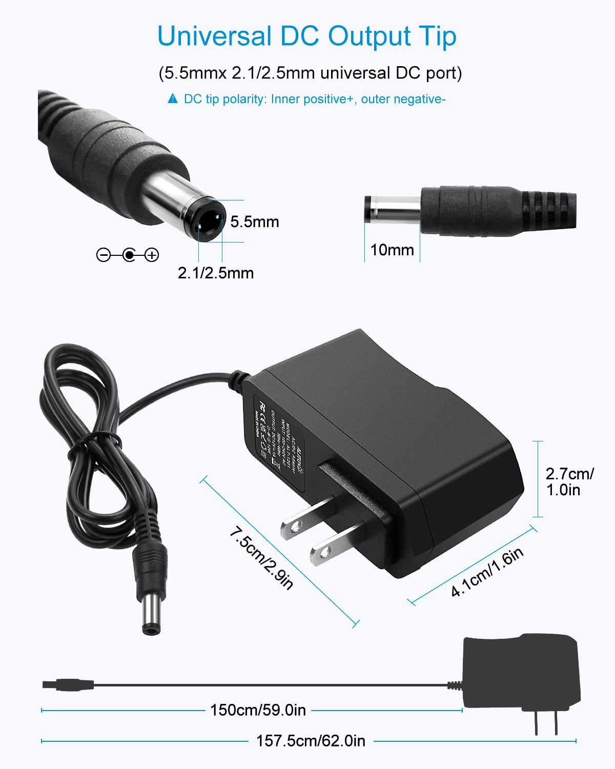 ALITOVE DC 12V 1A Power Supply 1000mA 12W AC/DC Adapter, 100~240V AC to DC 12 Volt 1 Amp 0.6A Converter with 5.5 x 2.5mm 2.1mm Plug for LED Strip Light CCTV Security Camera DVR NVR Surveillance System