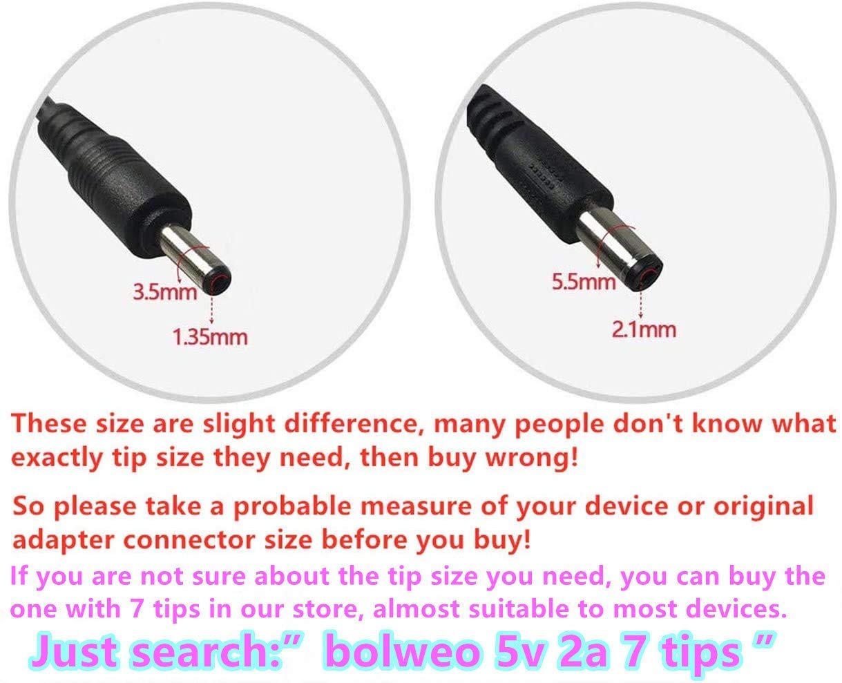(2 Pack) 5V 2A Power Supply Adapter, BOLWEO AC 100-240V to DC 5V 1A Adaptor Cord Compatible with Baby Monitor,TV Box, Speaker, Camera,Audio/Video, 5V Router, DC Jack Barrel 5.5mmx2.1mm